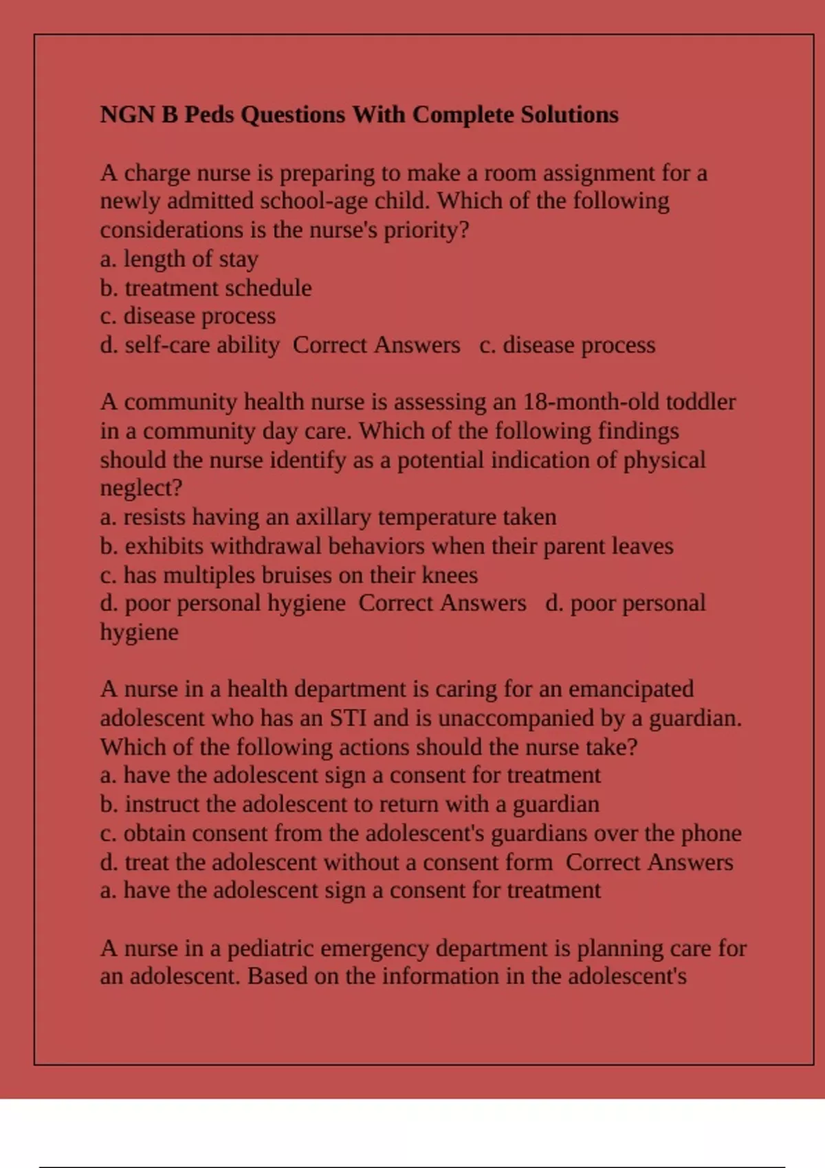 NGN B Peds Questions With Complete Solutions - Peds - Stuvia US