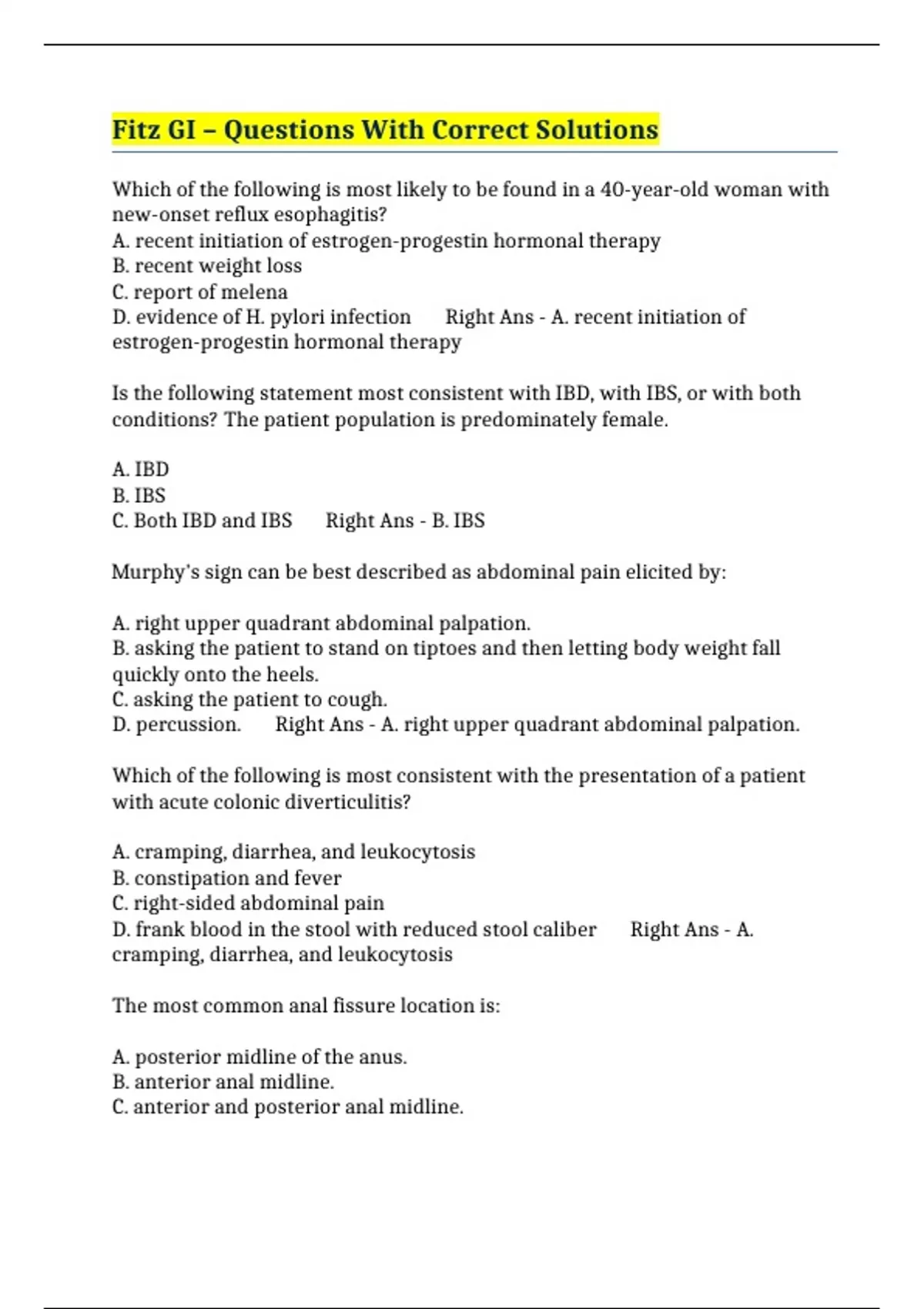 Fitz GI – Questions With Correct Solutions - FITZ - Stuvia US