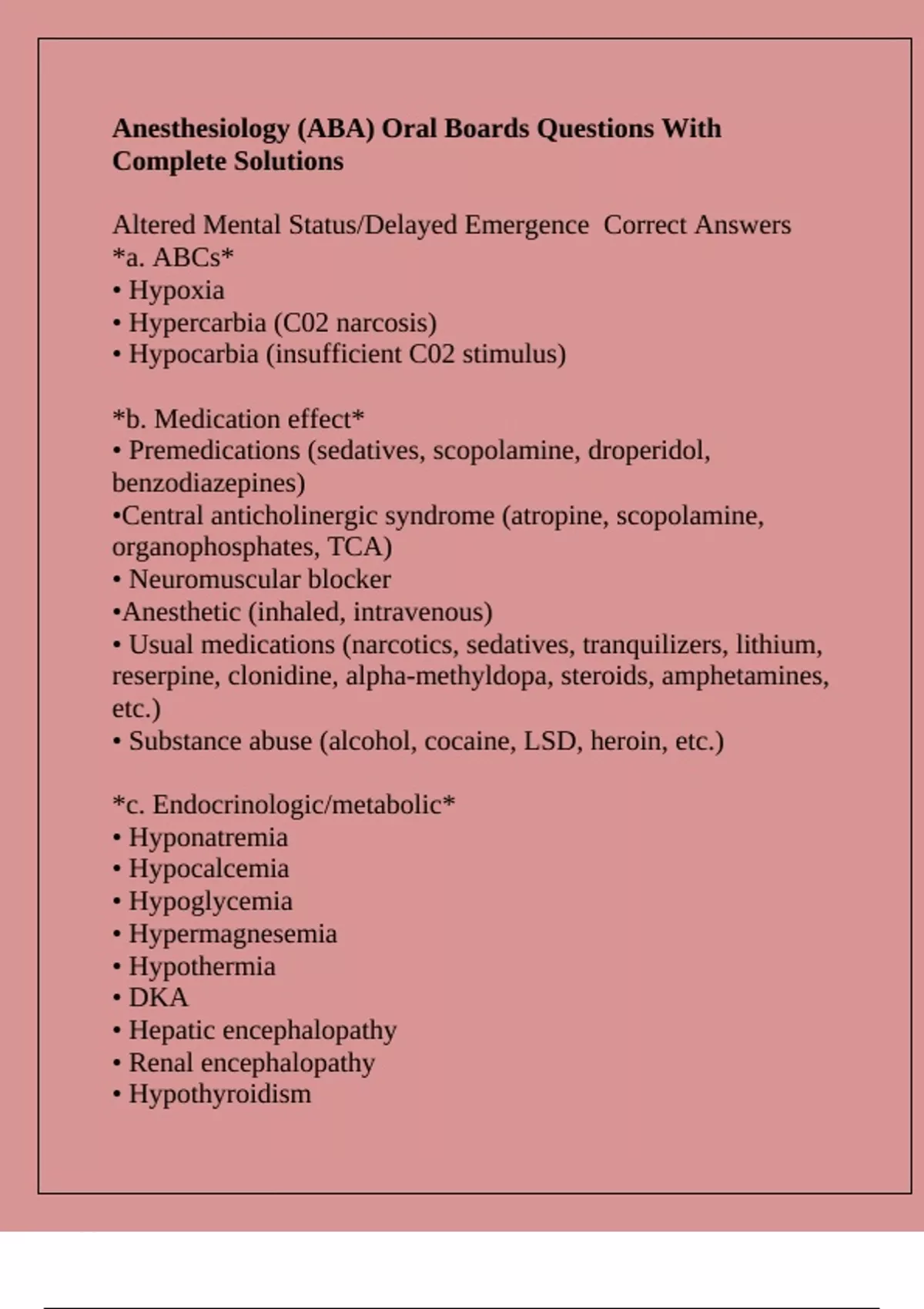 Anesthesiology (ABA) Oral Boards Questions With Complete Solutions ...