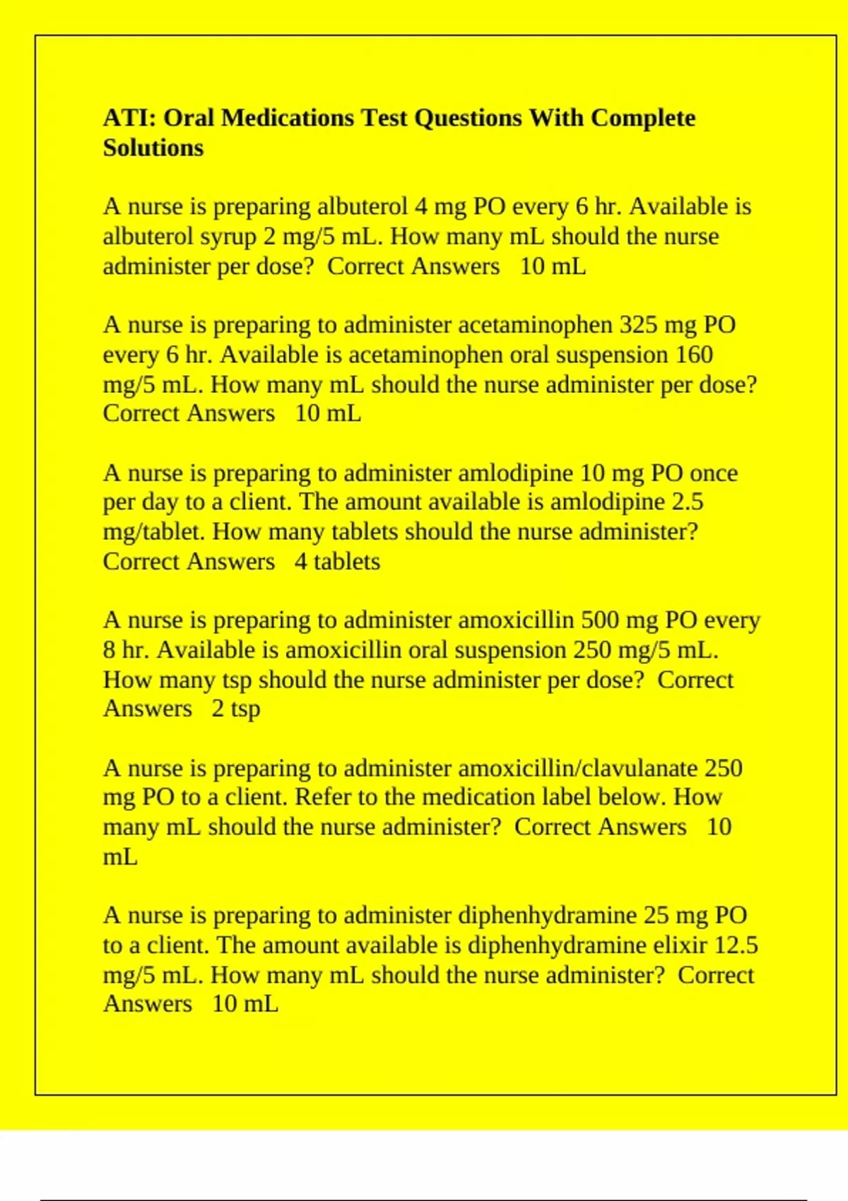 ATI: Oral Medications Test Questions With Complete Solutions - ATI Oral ...