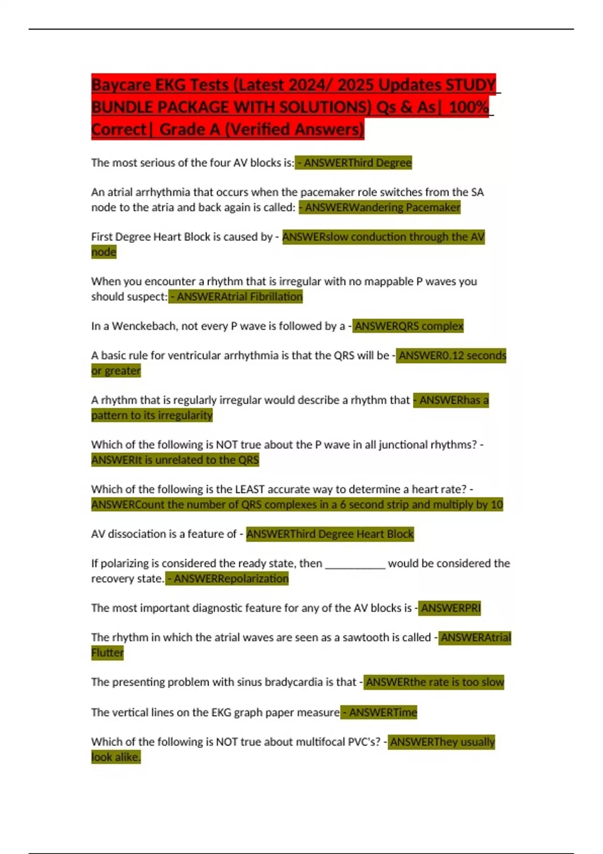 Baycare EKG Tests (Latest 2024/ 2025 Updates STUDY BUNDLE PACKAGE WITH ...