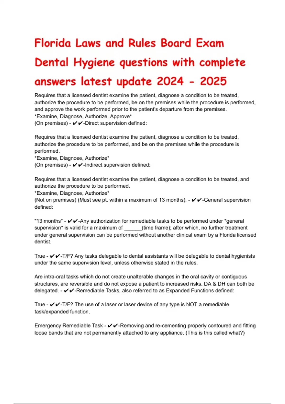 Florida Laws and Rules Board Exam Dental Hygiene questions with ...