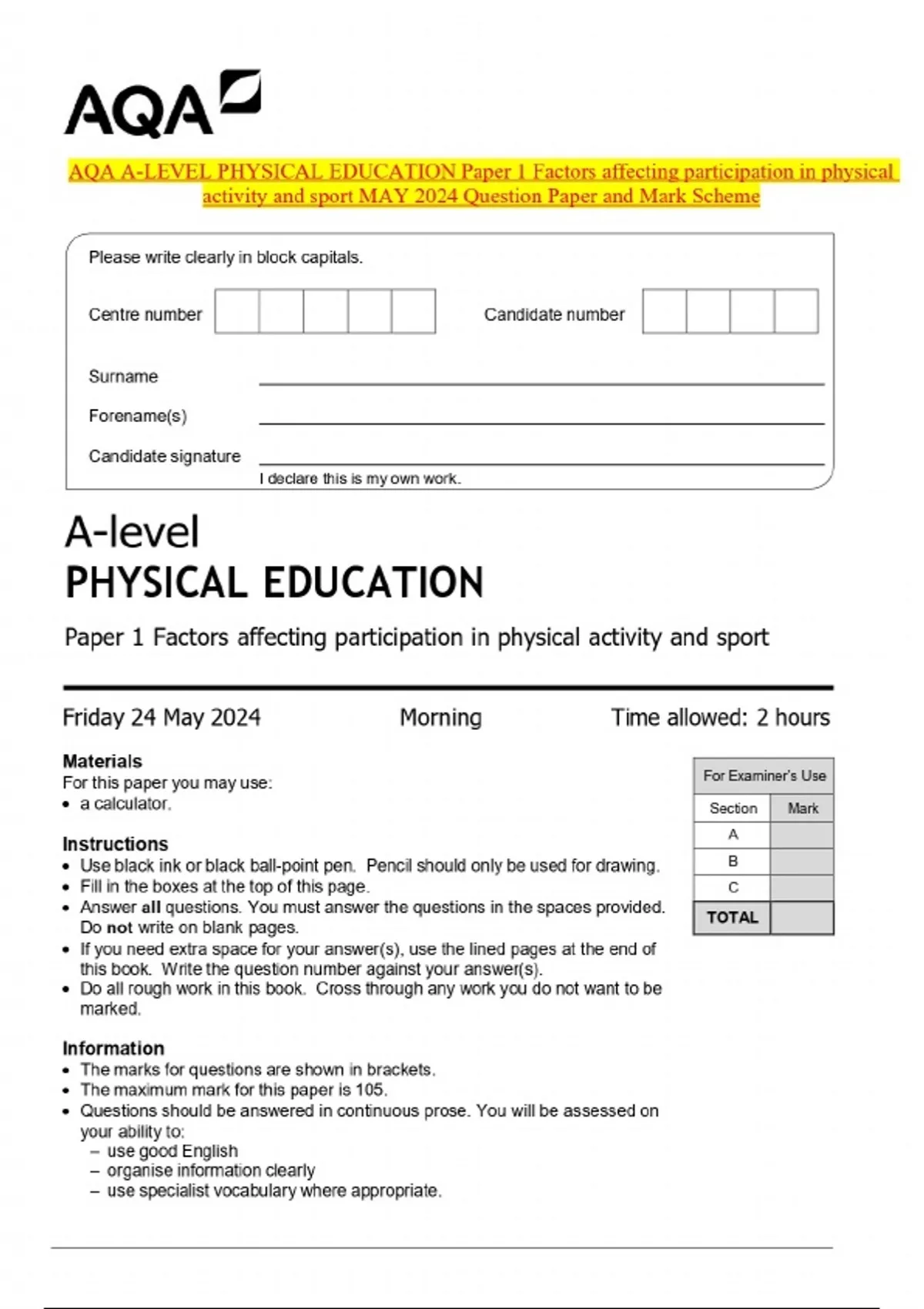 AQA A-LEVEL PHYSICAL EDUCATION Paper 1 Factors affecting participation ...