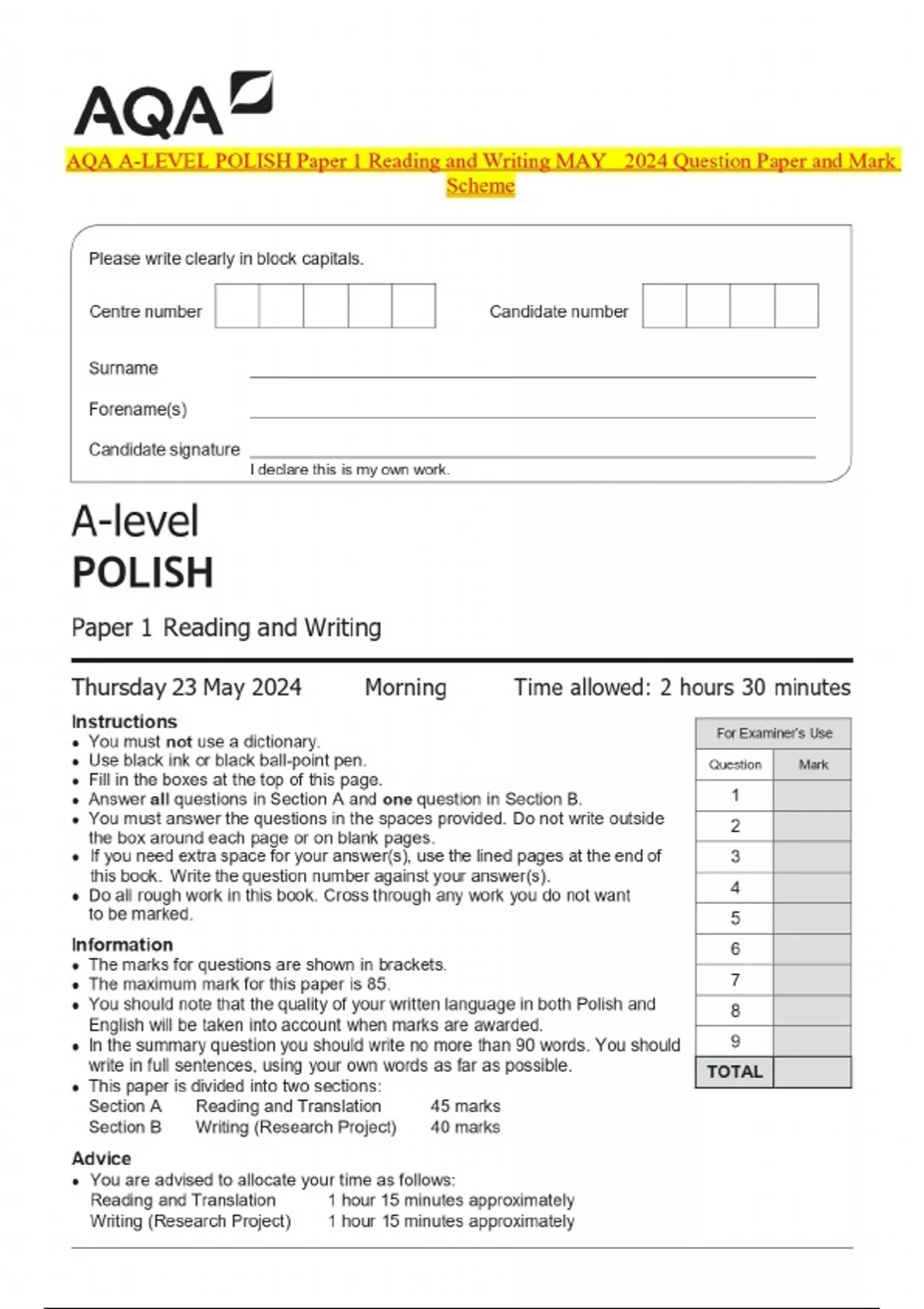 AQA A-LEVEL POLISH Paper 1 Reading and Writing MAY 2024 Question Paper and Mark Scheme - AQA A ...