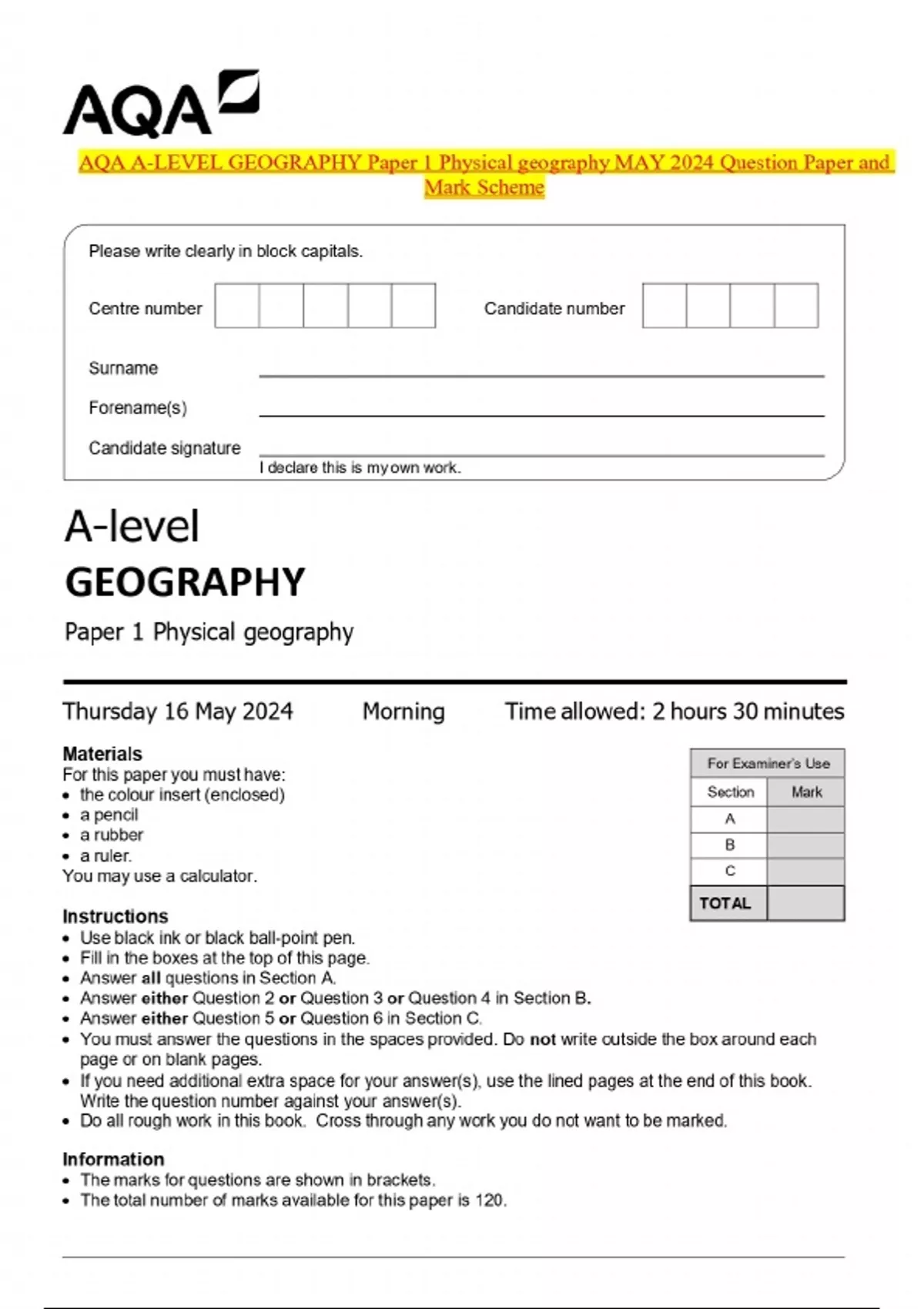 AQA A-LEVEL GEOGRAPHY Paper 1 Physical geography MAY 2024 Question ...