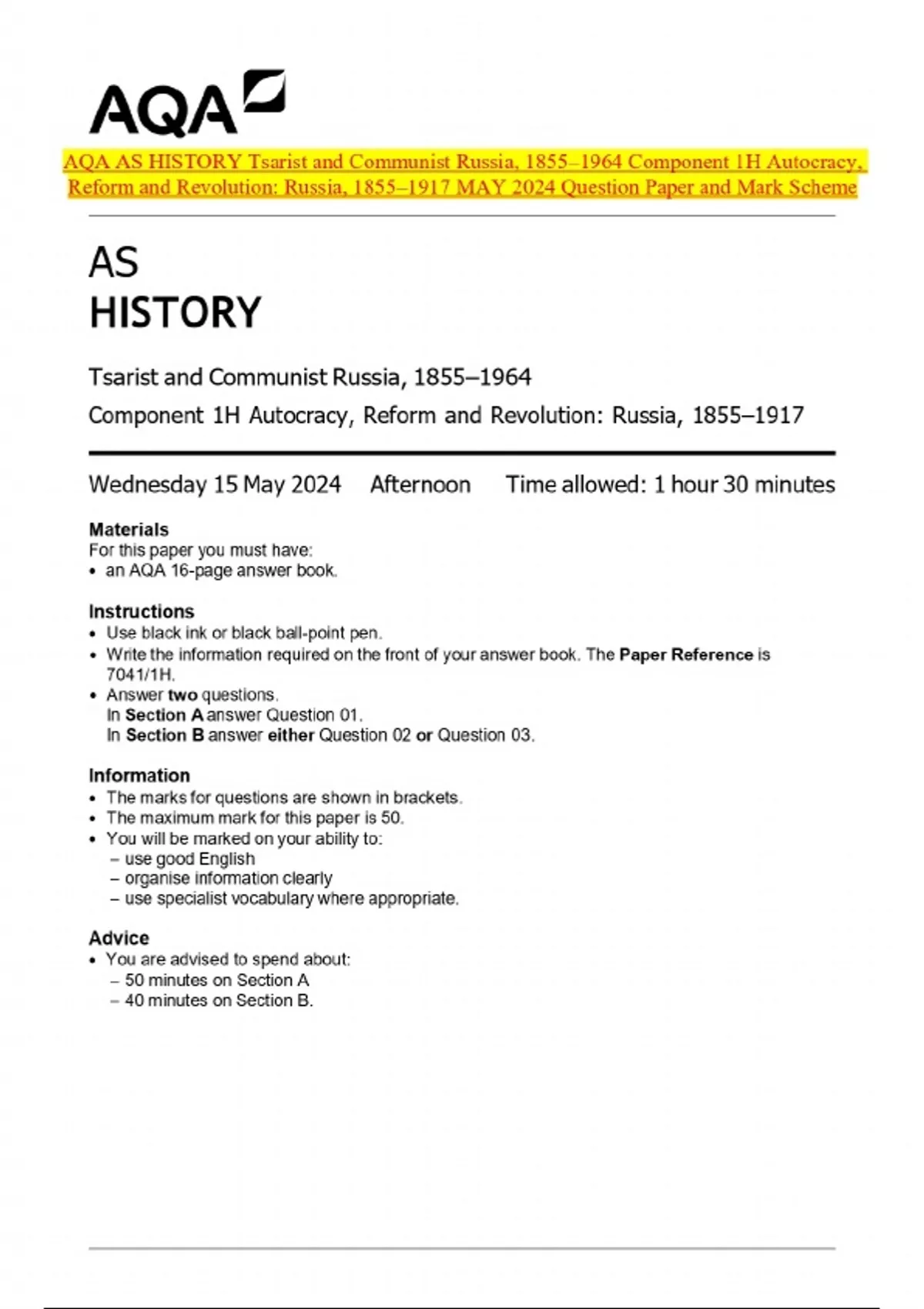 AQA AS HISTORY Tsarist and Communist Russia, 1855–1964 Component 1H ...