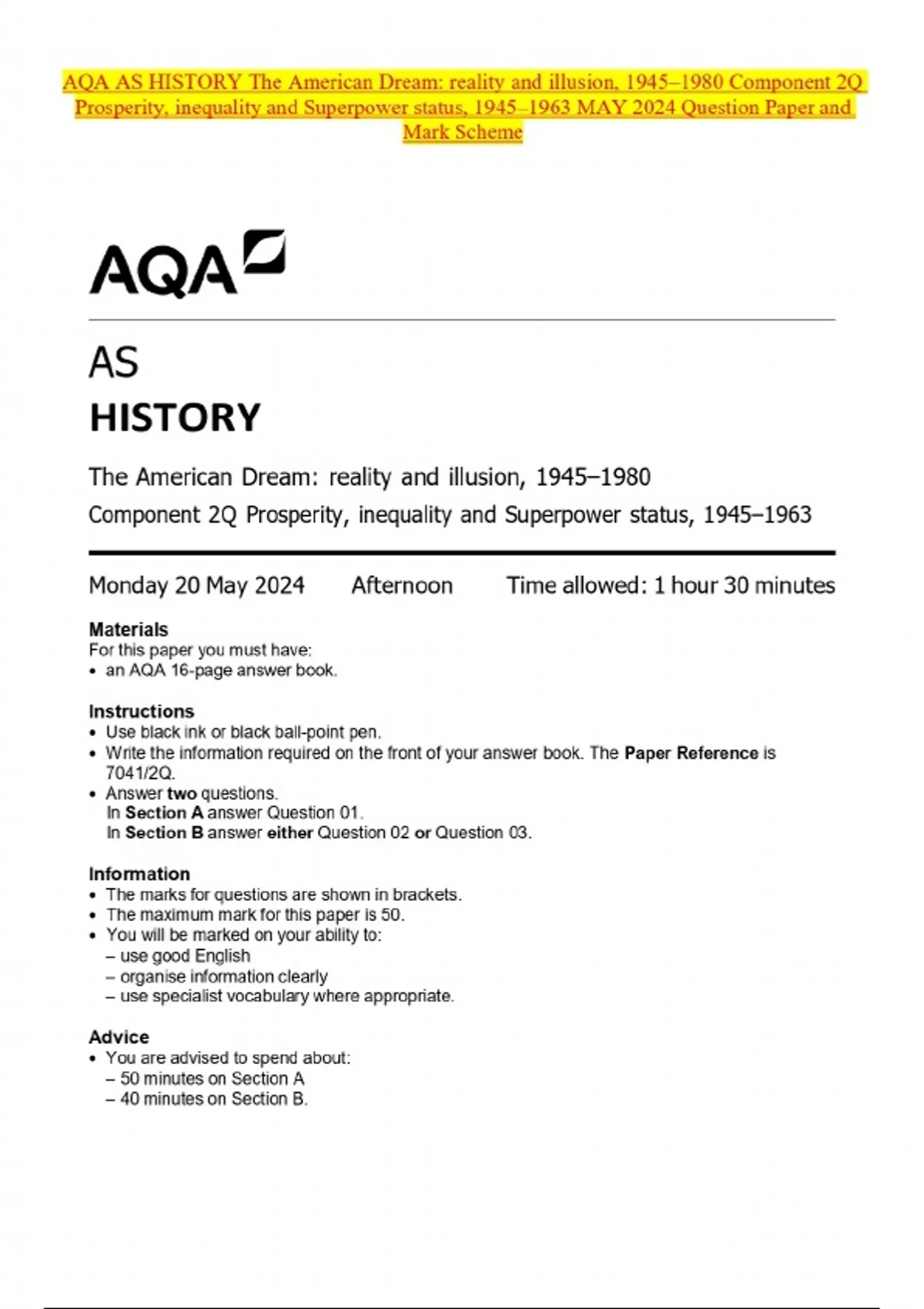 AQA AS HISTORY The American Dream: reality and illusion, 1945–1980 Component 2Q Prosperity ...