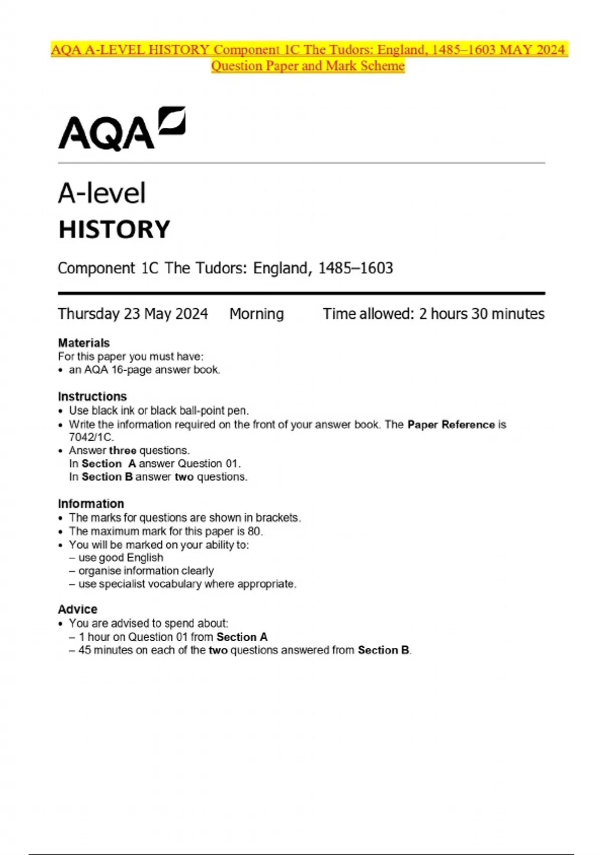 AQA A-LEVEL HISTORY Component 1C The Tudors: England, 1485–1603 MAY 2024 Question Paper and Mark ...
