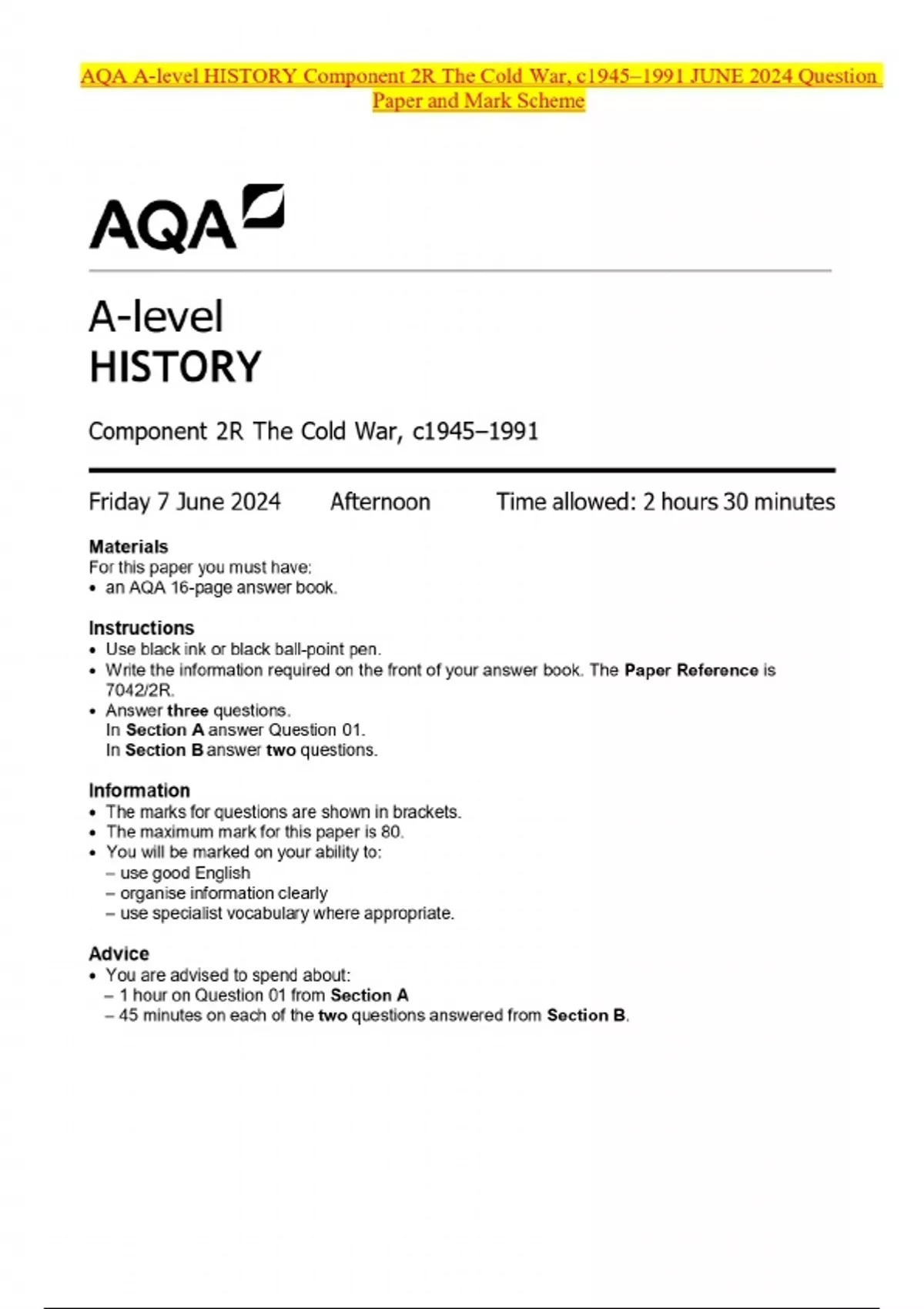 AQA A-level HISTORY Component 2R The Cold War, c1945–1991 JUNE 2024 ...