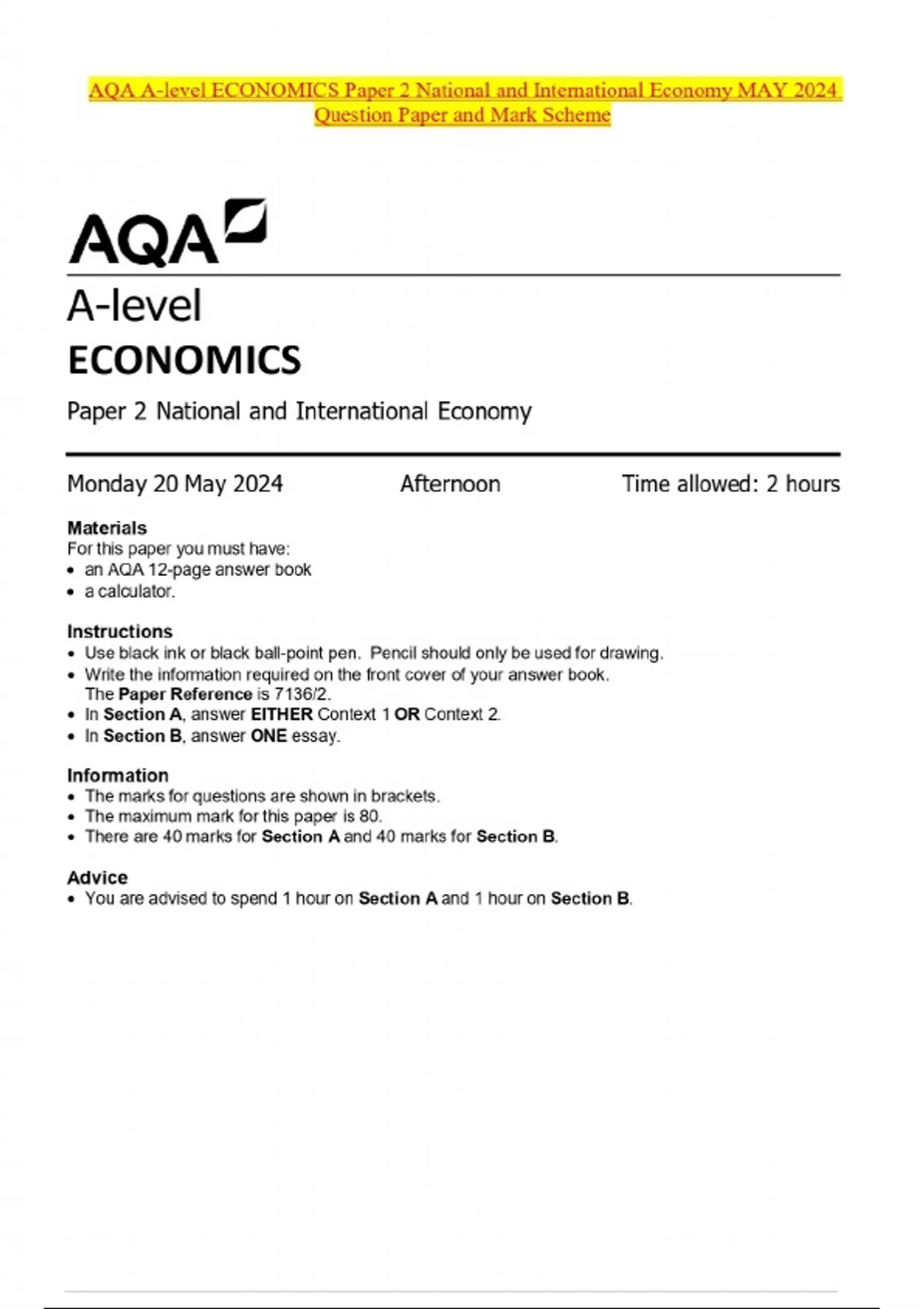 AQA A-level ECONOMICS Paper 2 National and International Economy MAY ...