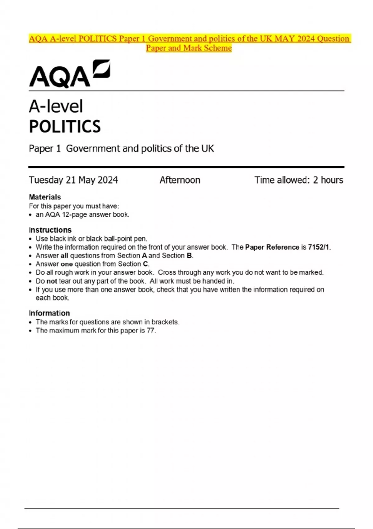 AQA A-level POLITICS Paper 1 Government and politics of the UK MAY 2024 ...