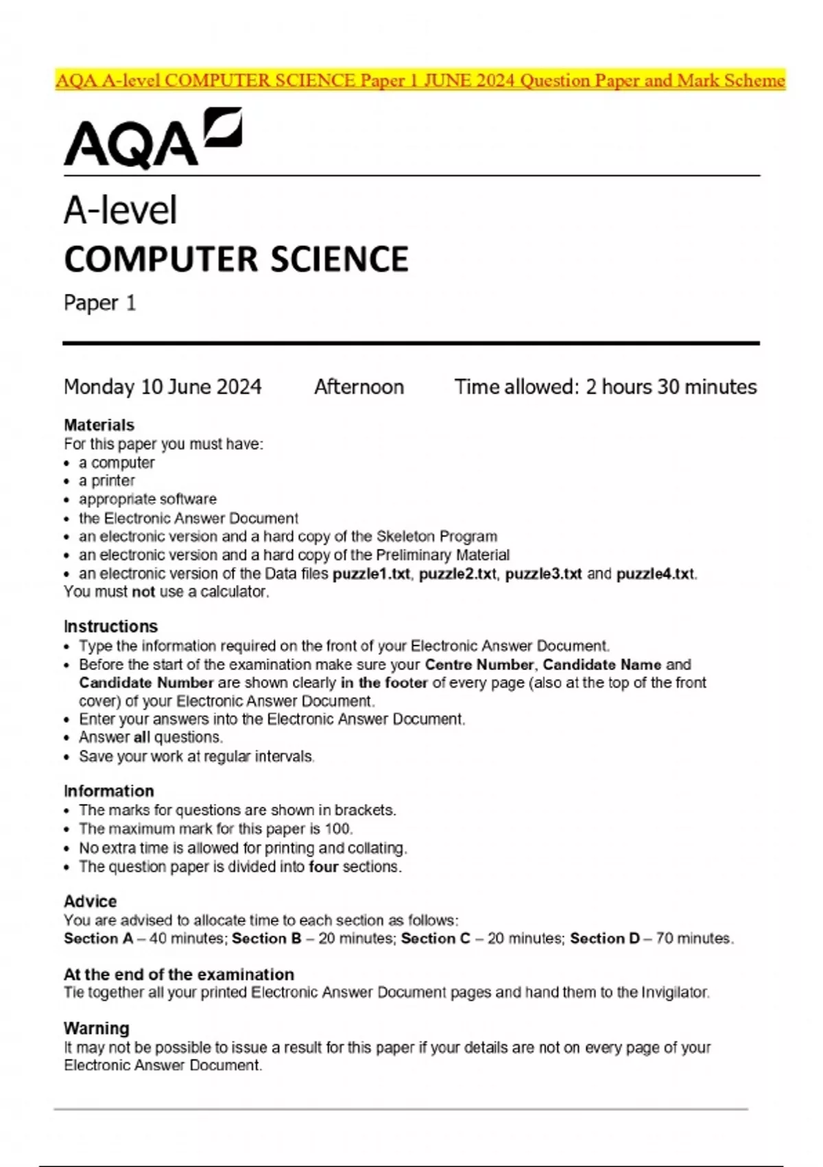 AQA A-level COMPUTER SCIENCE Paper 1 JUNE 2024 Question Paper and Mark Scheme - AQA A-LEVEL / AS ...