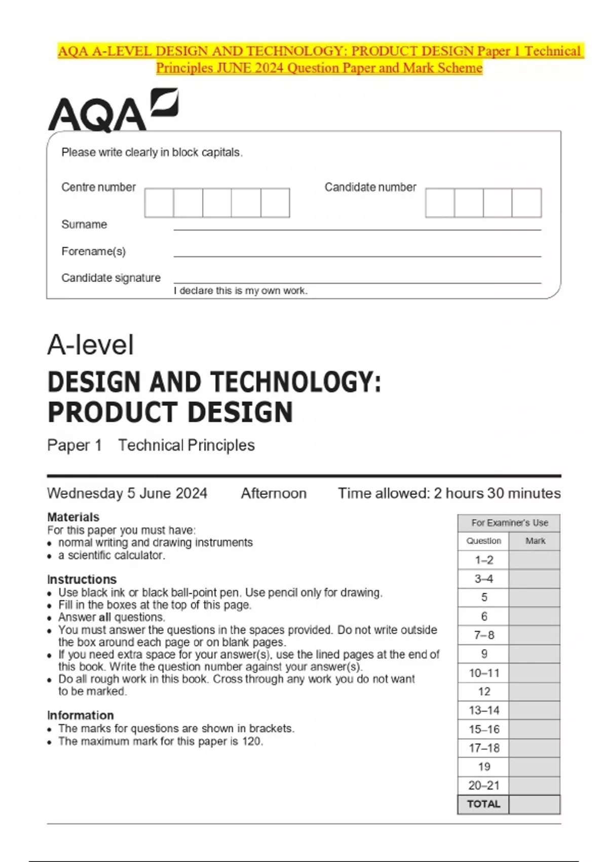 AQA A-LEVEL DESIGN AND TECHNOLOGY: PRODUCT DESIGN Paper 1 Technical Principles JUNE 2024 ...