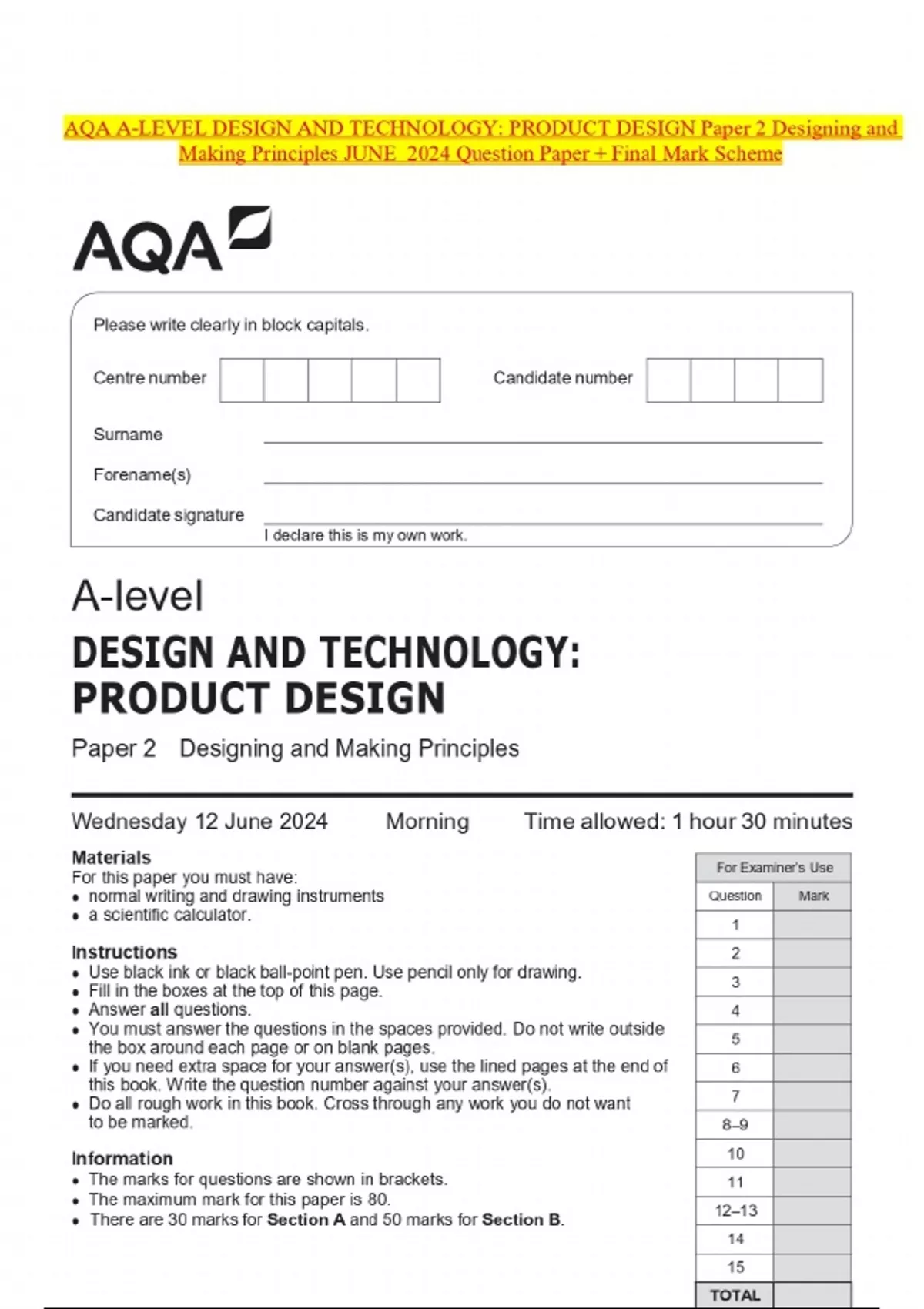 AQA A-LEVEL DESIGN AND TECHNOLOGY: PRODUCT DESIGN Paper 2 Designing and ...