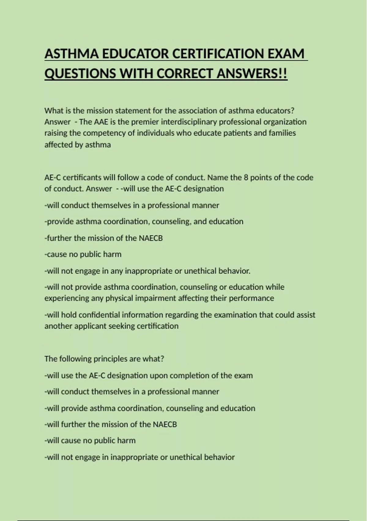 ASTHMA EDUCATOR CERTIFICATION EXAM QUESTIONS WITH CORRECT ANSWERS ...