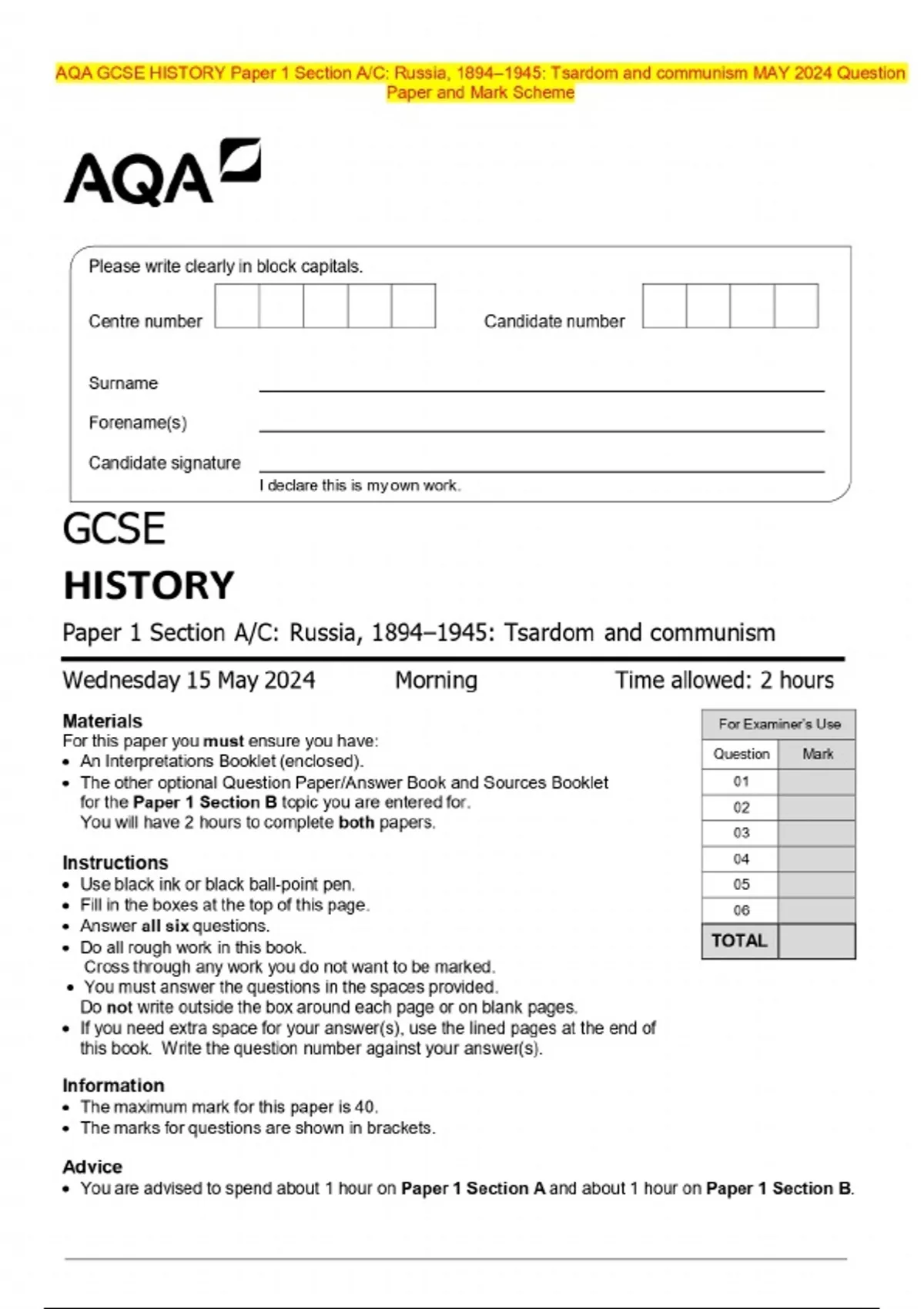 AQA GCSE HISTORY Paper 1 Section A/C: Russia, 1894–1945: Tsardom and ...