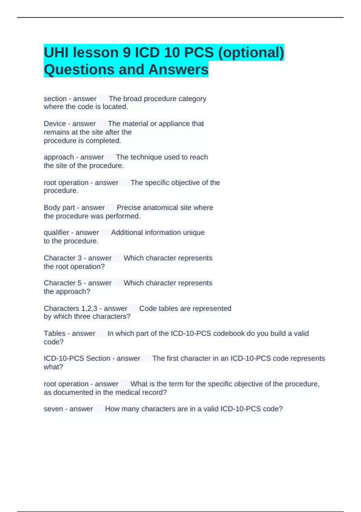 UHI lesson 9 ICD 10 PCS (optional) Questions and Answers - PCSS - Stuvia US
