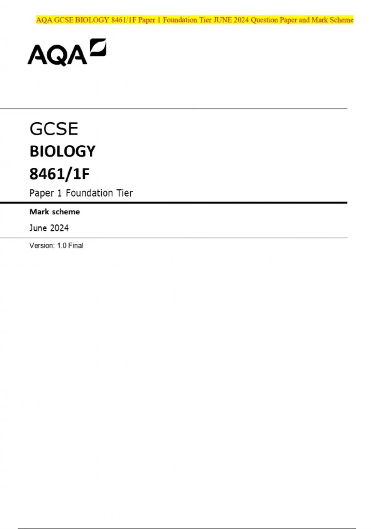 AQA GCSE BIOLOGY 8461/1F Paper 1 Foundation Tier JUNE 2024 Question Paper and Mark Scheme - AQA ...