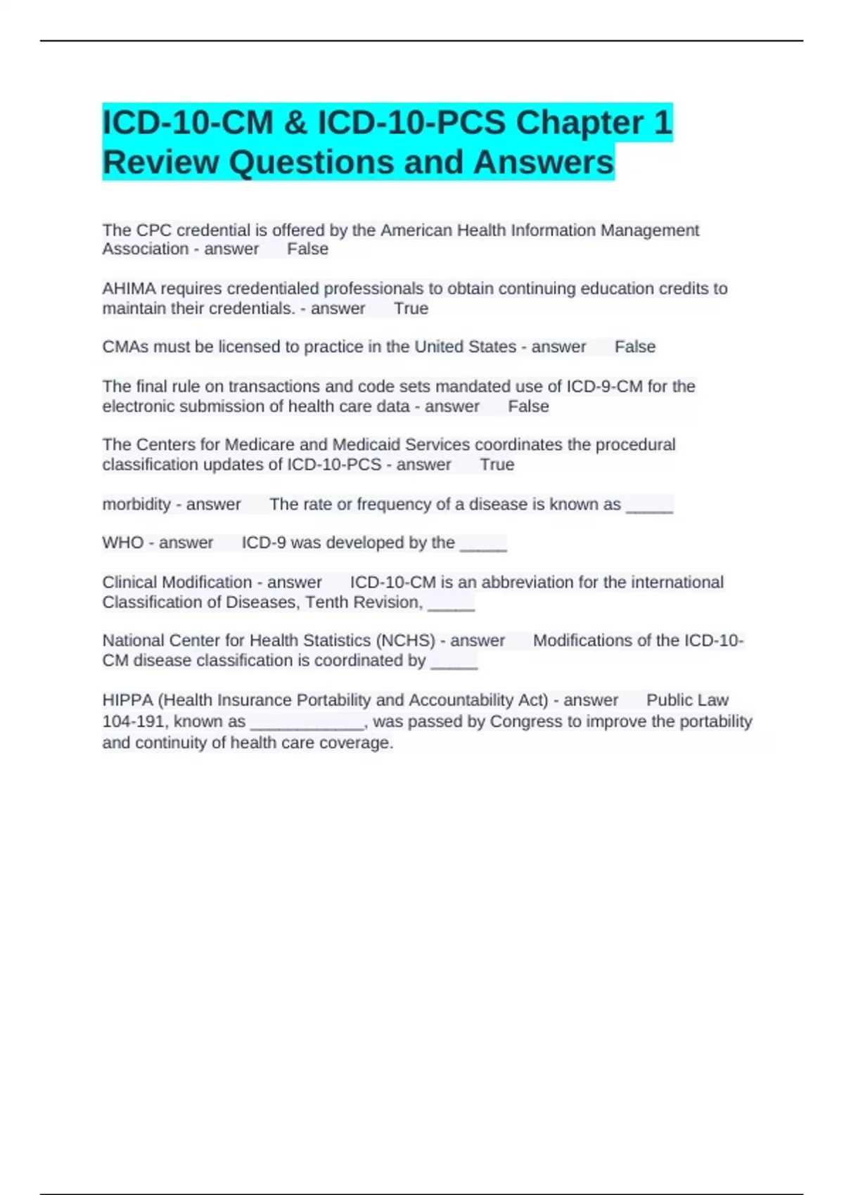 ICD-10-CM & ICD-10-PCS Chapter 1 Review Questions and Answers - PCSS ...