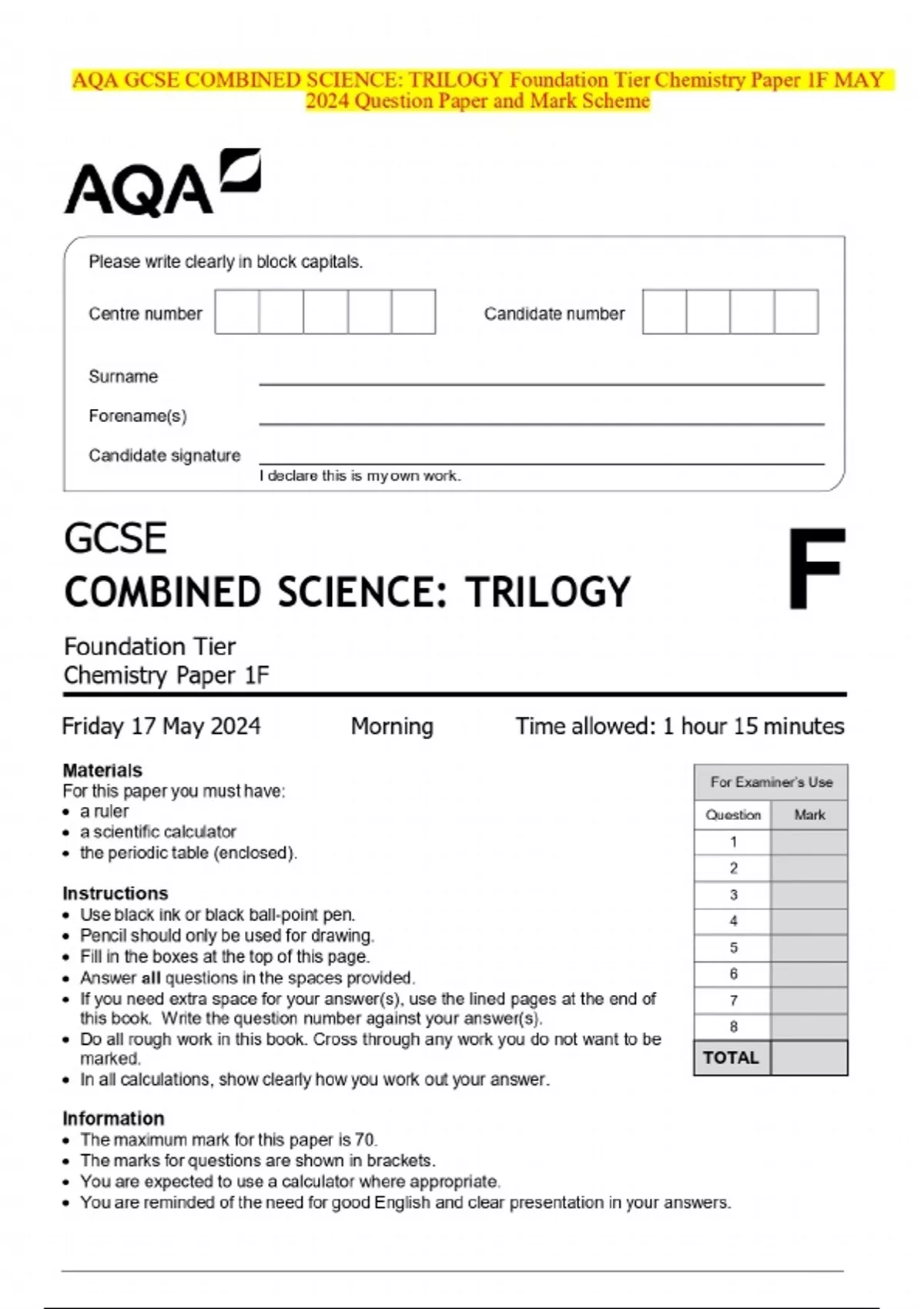 AQA GCSE COMBINED SCIENCE: TRILOGY Foundation Tier Chemistry Paper 1F ...