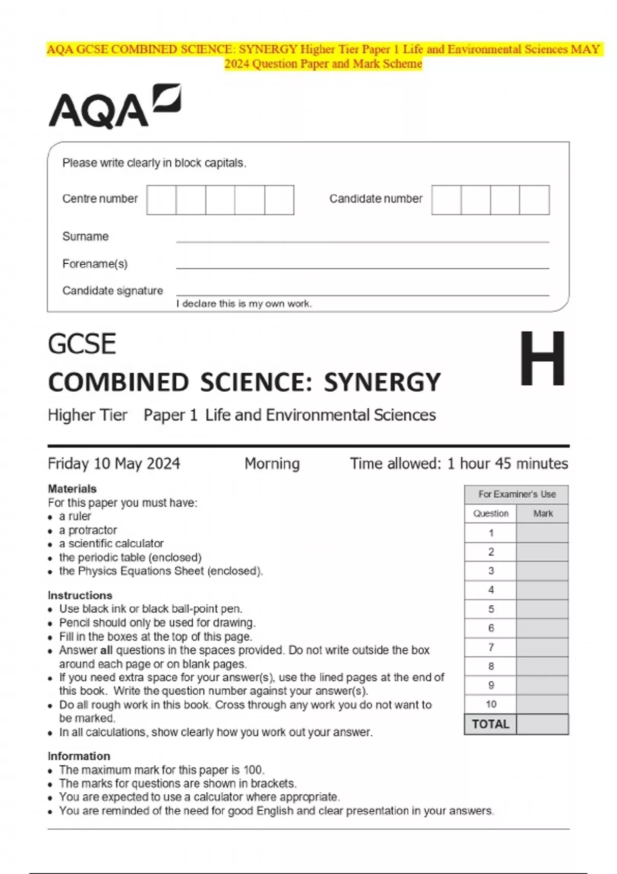 BUNDLED AQA GCSE COMBINED SCIENCE: SYNERGY Higher Tier 2024 Question ...