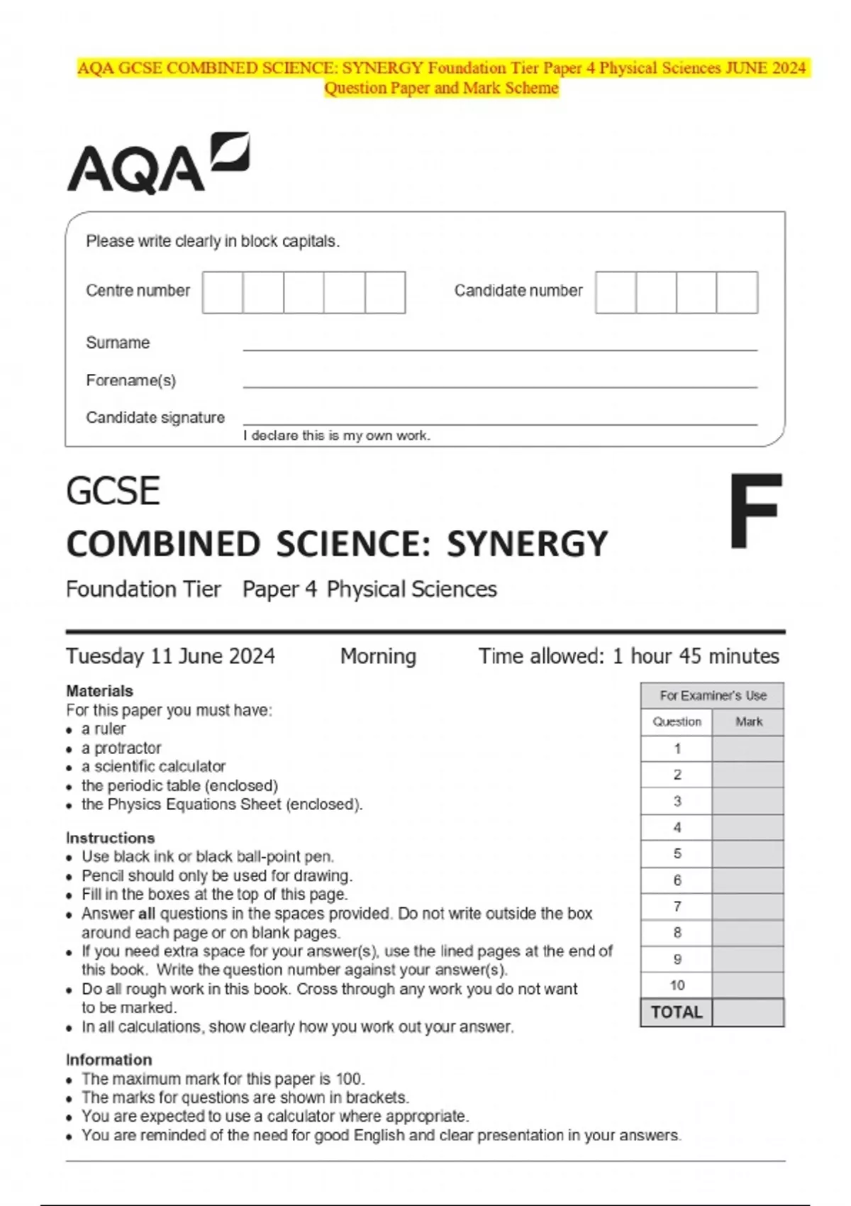 AQA GCSE COMBINED SCIENCE: SYNERGY Foundation Tier Paper 4 Physical ...