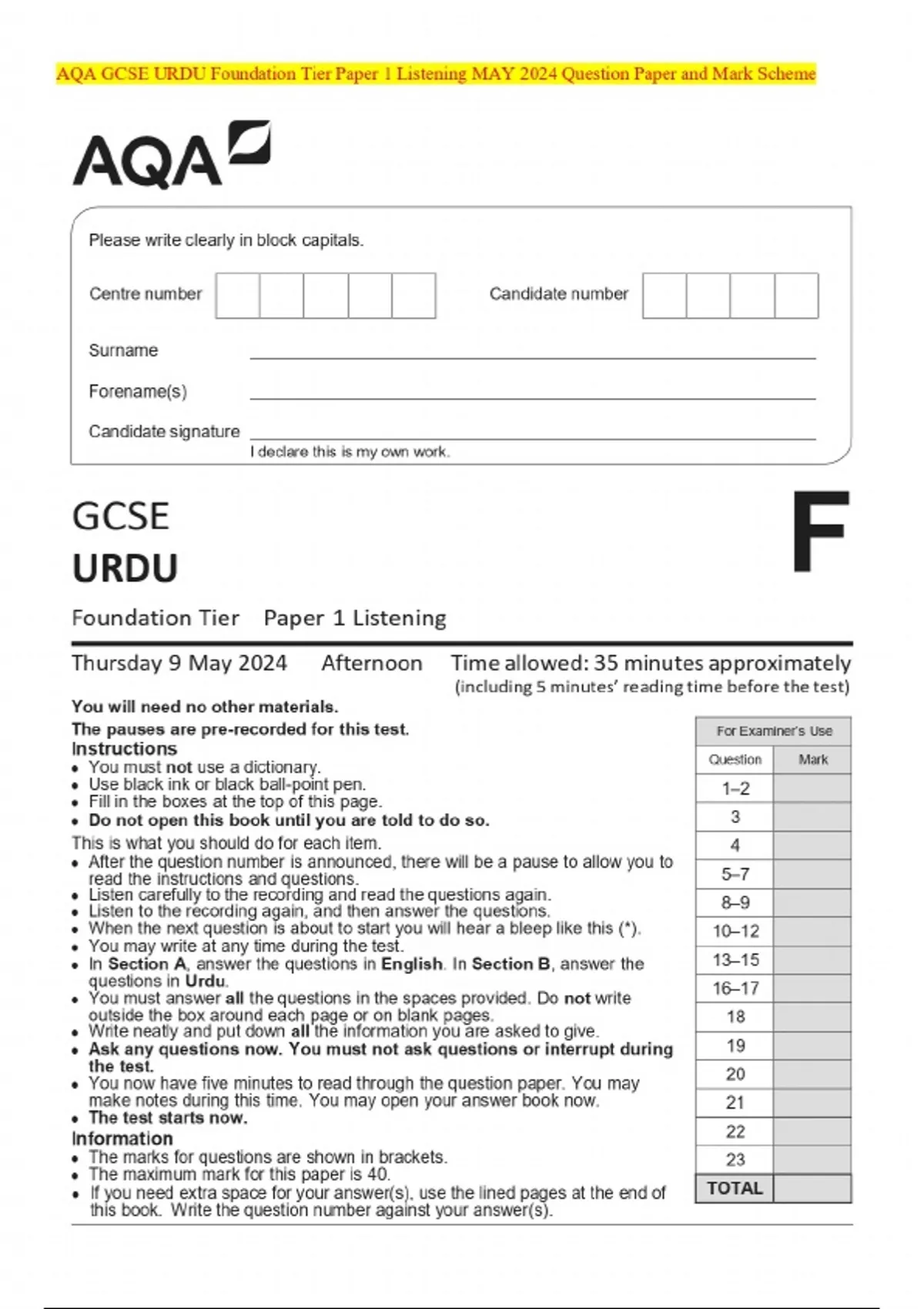 BUNDLED AQA GCSE URDU 2024 Question Paper and Mark Scheme - Stuvia US