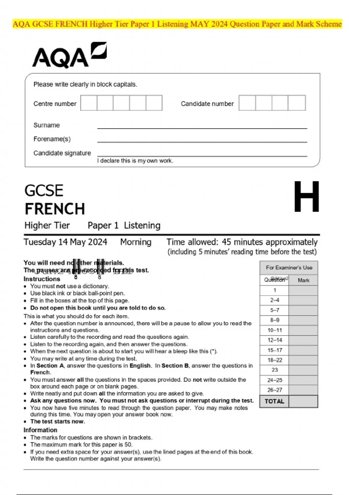 AQA GCSE FRENCH Higher Tier Paper 1 Listening MAY 2024 Question Paper ...