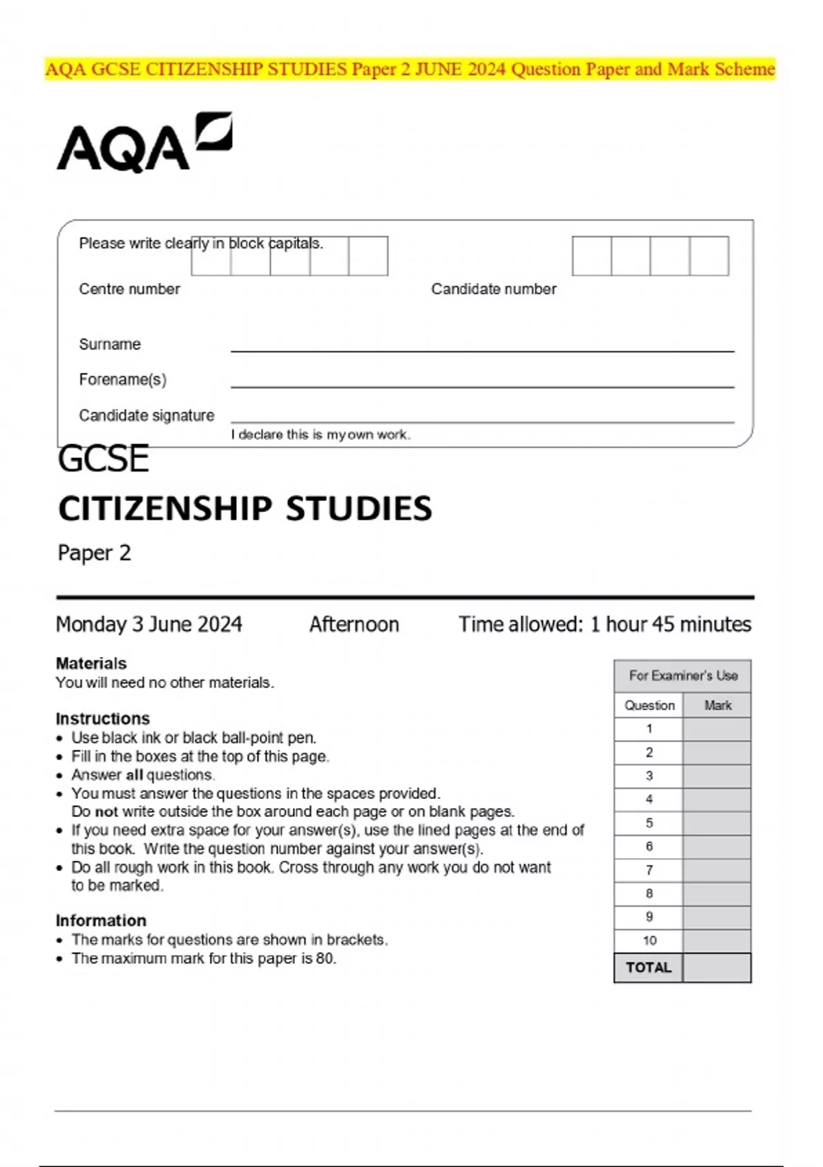 AQA GCSE CITIZENSHIP STUDIES Paper 2 JUNE 2024 Question Paper and Mark ...