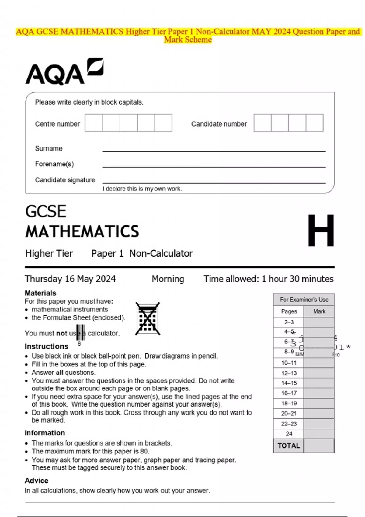 AQA GCSE MATHEMATICS Higher Tier Paper 1 Non-Calculator MAY 2024 ...