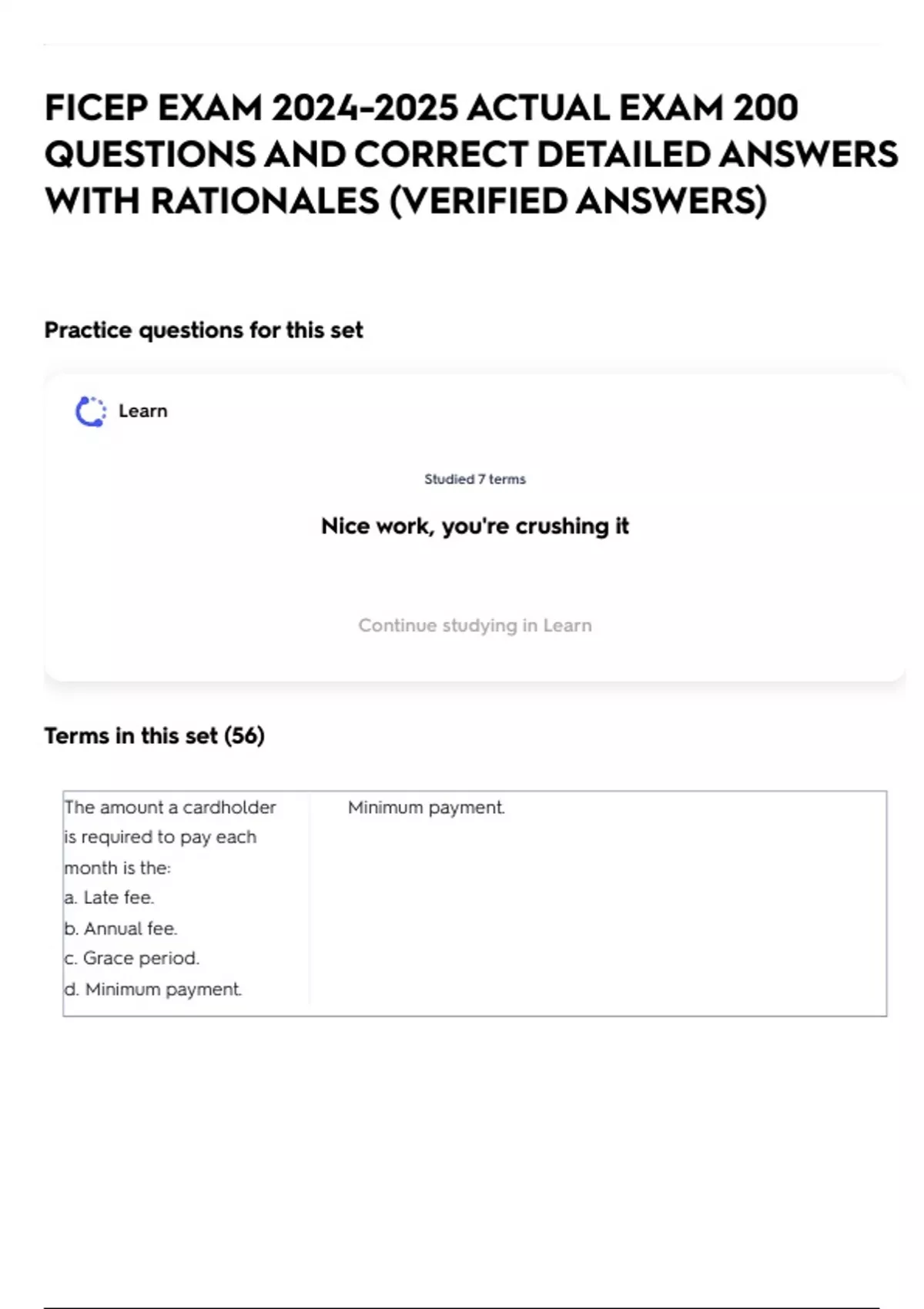 FICEP EXAM ACTUAL EXAM 200 QUESTIONS AND CORRECT DETAILED ANSWERS WITH RATIONALES (VERIFIED ...