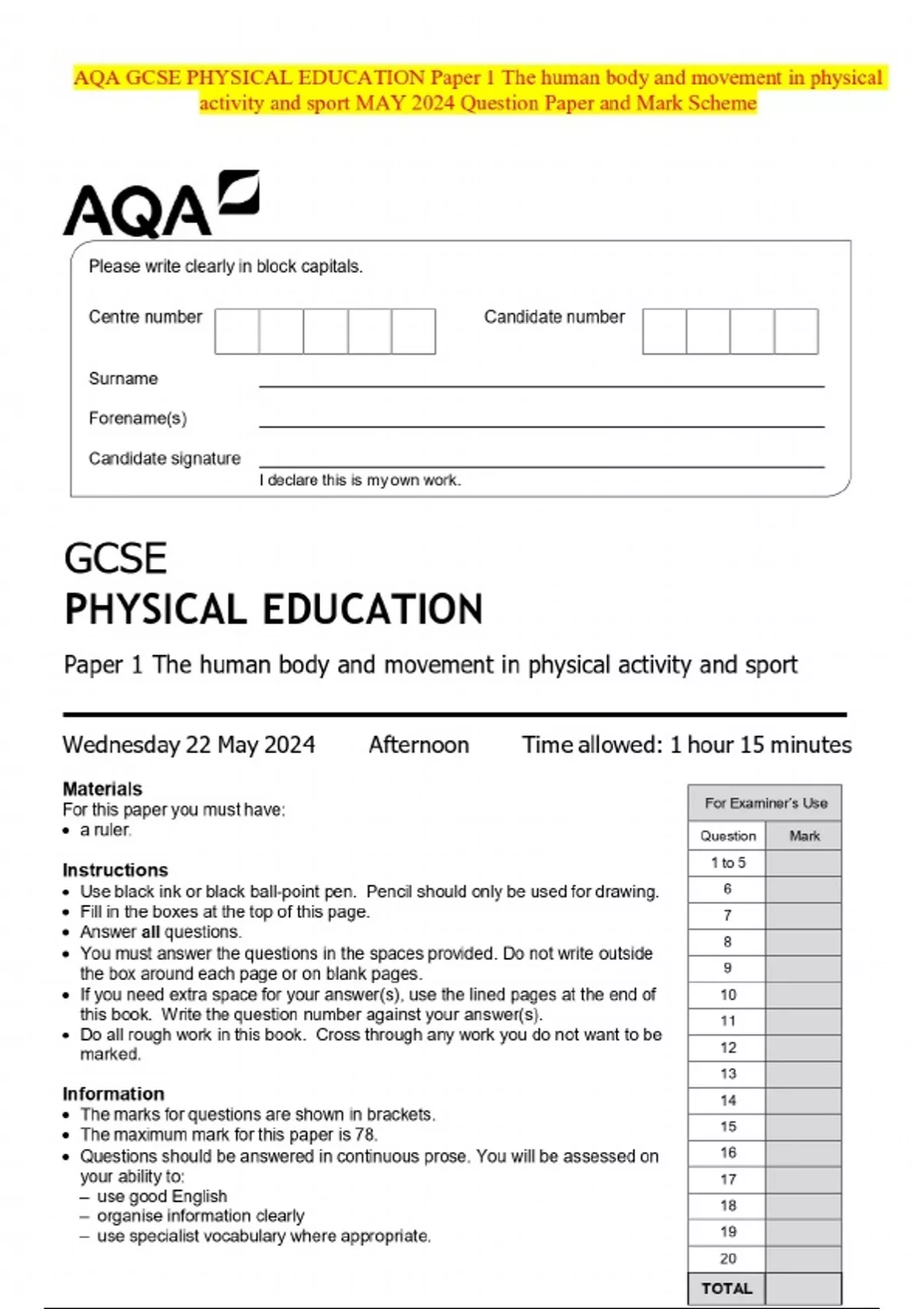 AQA GCSE PHYSICAL EDUCATION Paper 1 The human body and movement in ...