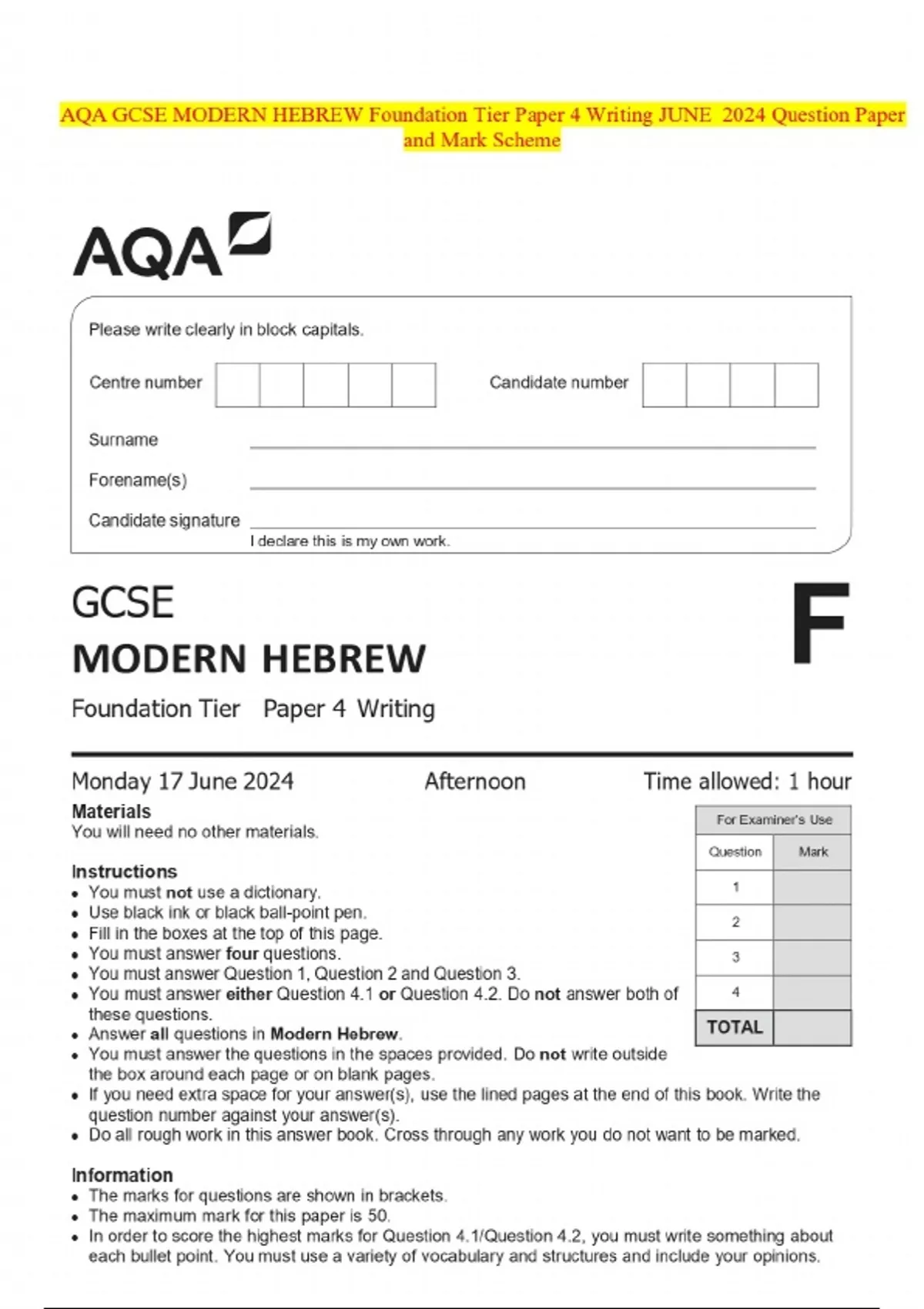 AQA GCSE MODERN HEBREW Foundation Tier Paper 4 Writing JUNE 2024 ...