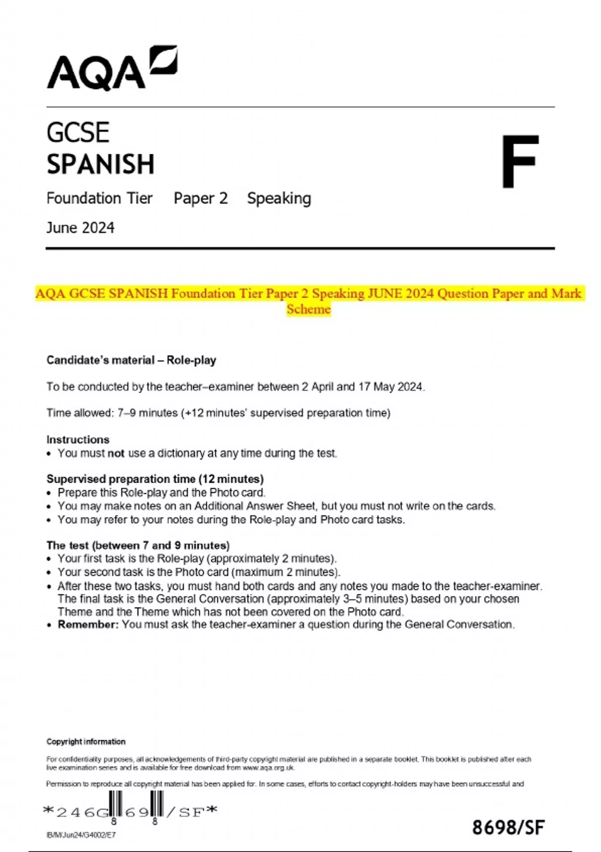 AQA GCSE SPANISH Foundation Tier Paper 2 Speaking JUNE 2024 Question ...