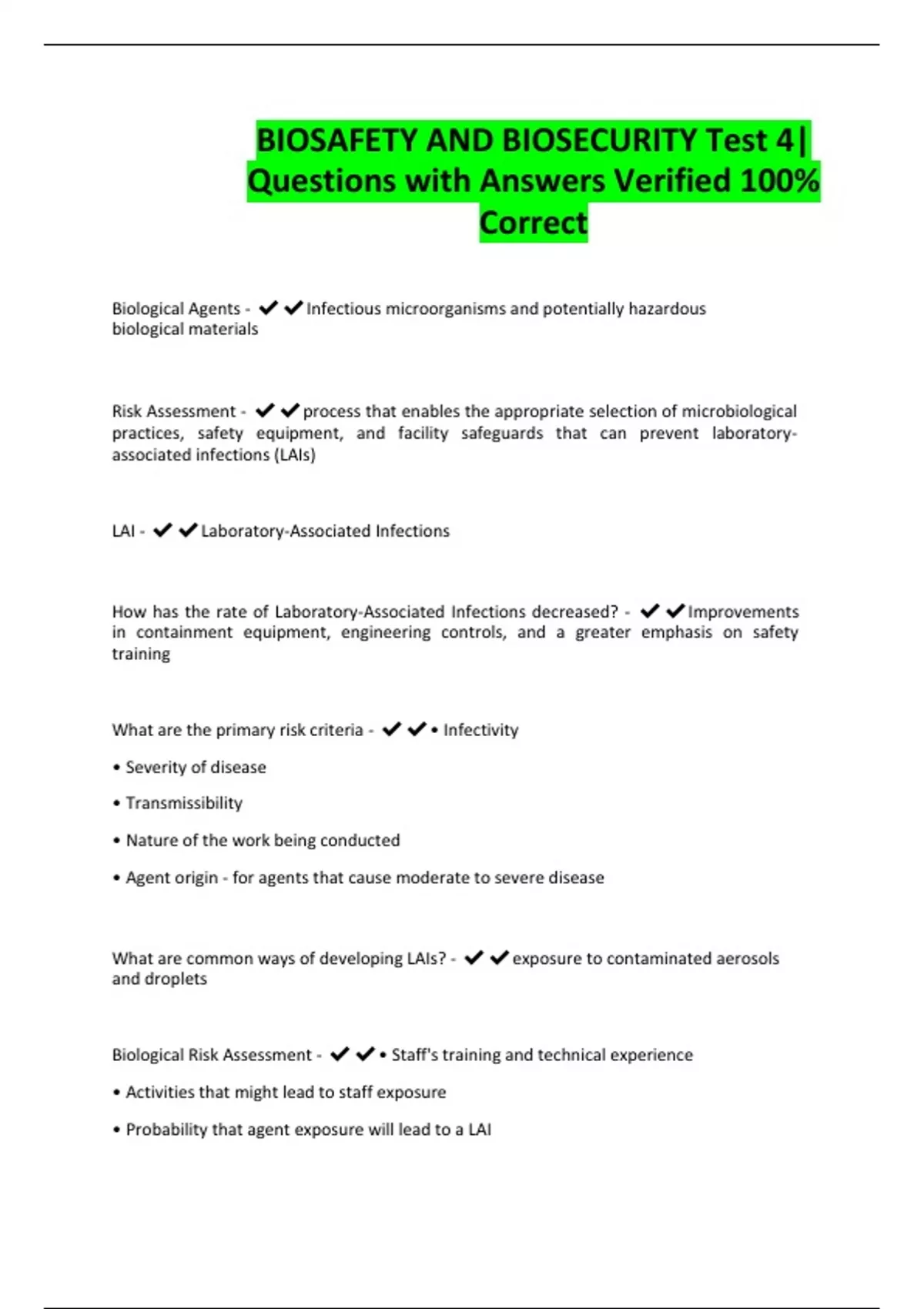BIOSAFETY AND BIOSECURITY Test 4| Questions with Answers Verified 100% ...