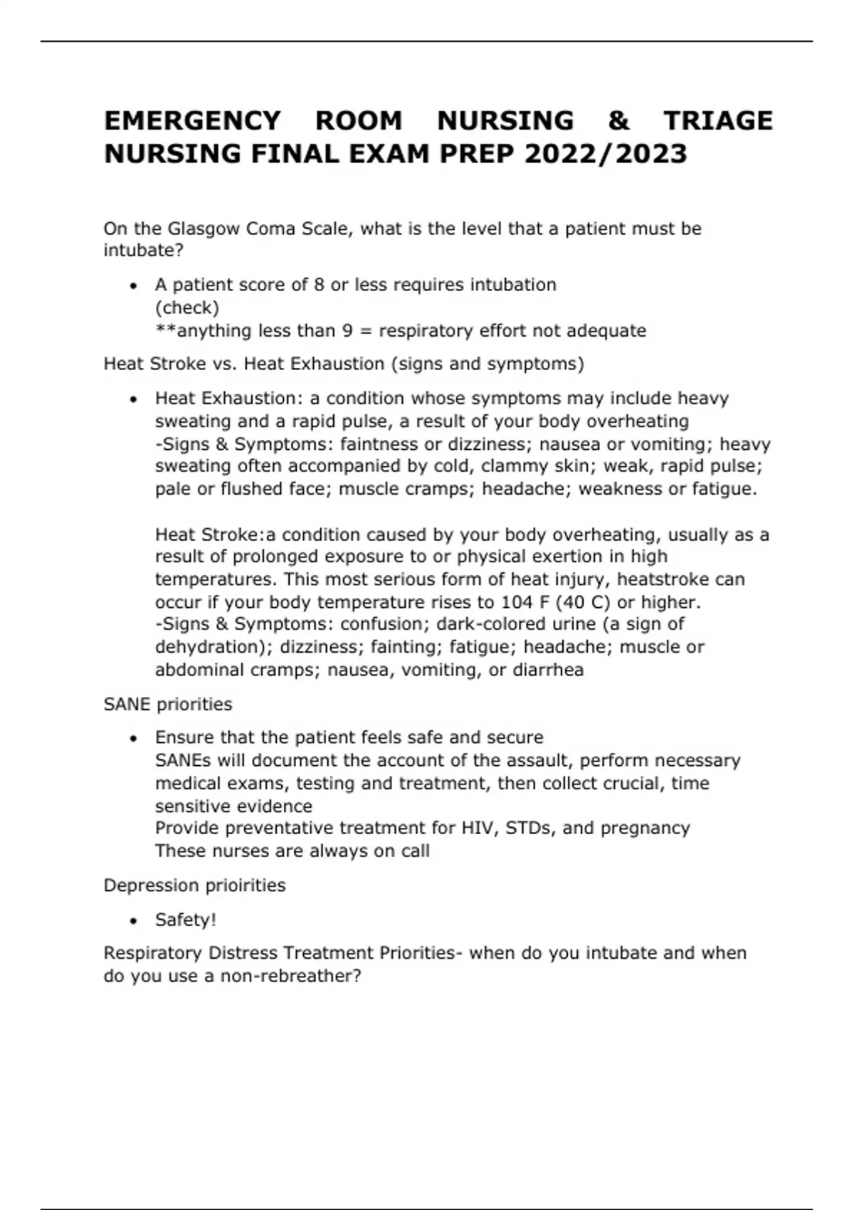 EMERGENCY ROOM NURSING & TRIAGE NURSING FINAL EXAM PREP - NURSING ...