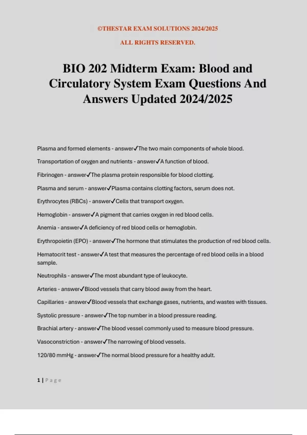 BIO 202 Midterm Exam: Blood and Circulatory System Exam Questions And ...