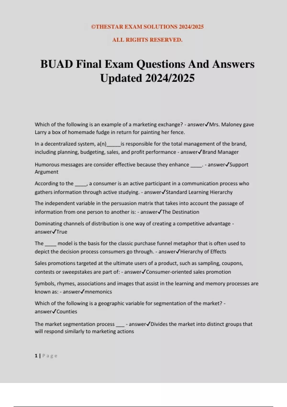 BUAD Final Exam Questions And Answers Updated 2024/2025 - Buad - Stuvia US