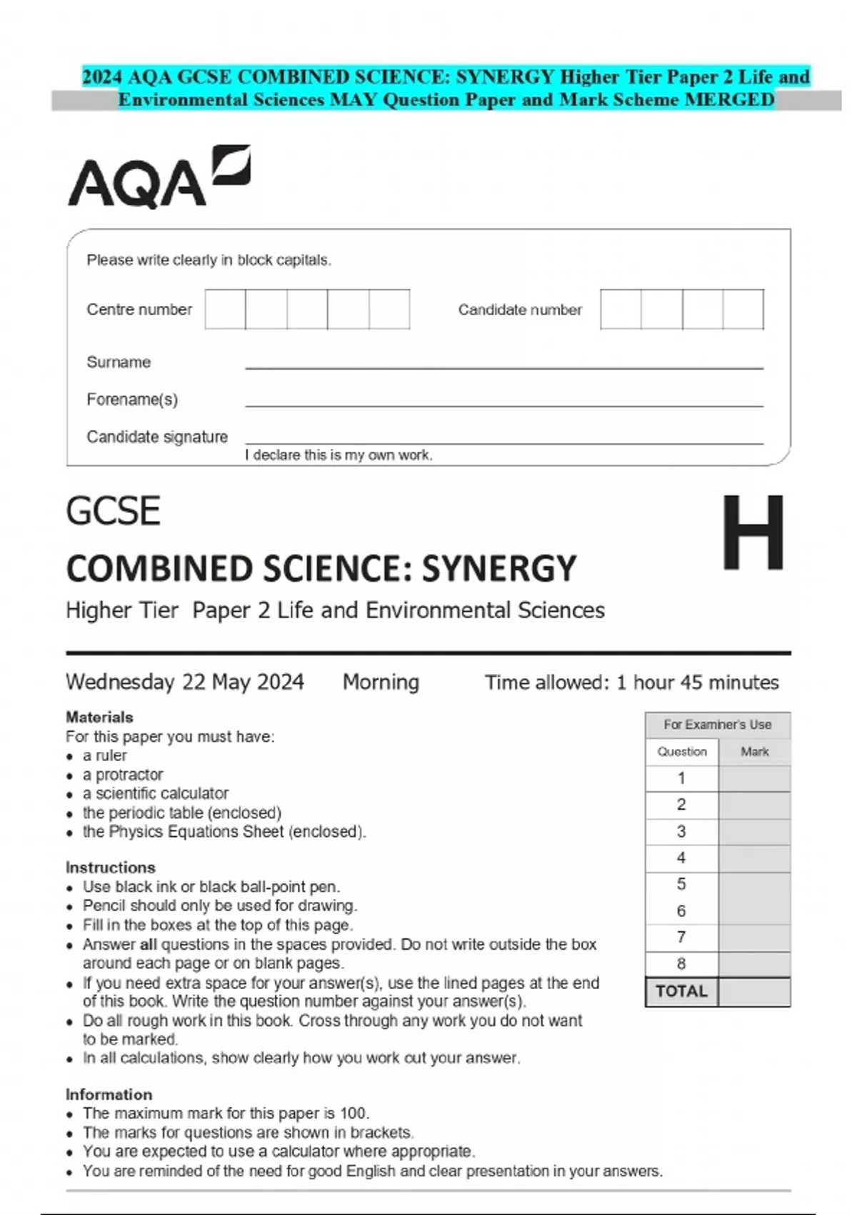 2024 AQA GCSE COMBINED SCIENCE: SYNERGY Higher Tier Paper 2 Life and ...