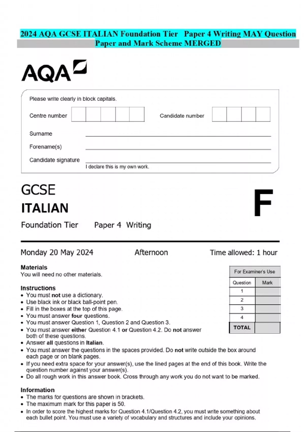 2024 AQA GCSE ITALIAN Foundation Tier Paper 4 Writing MAY Question ...