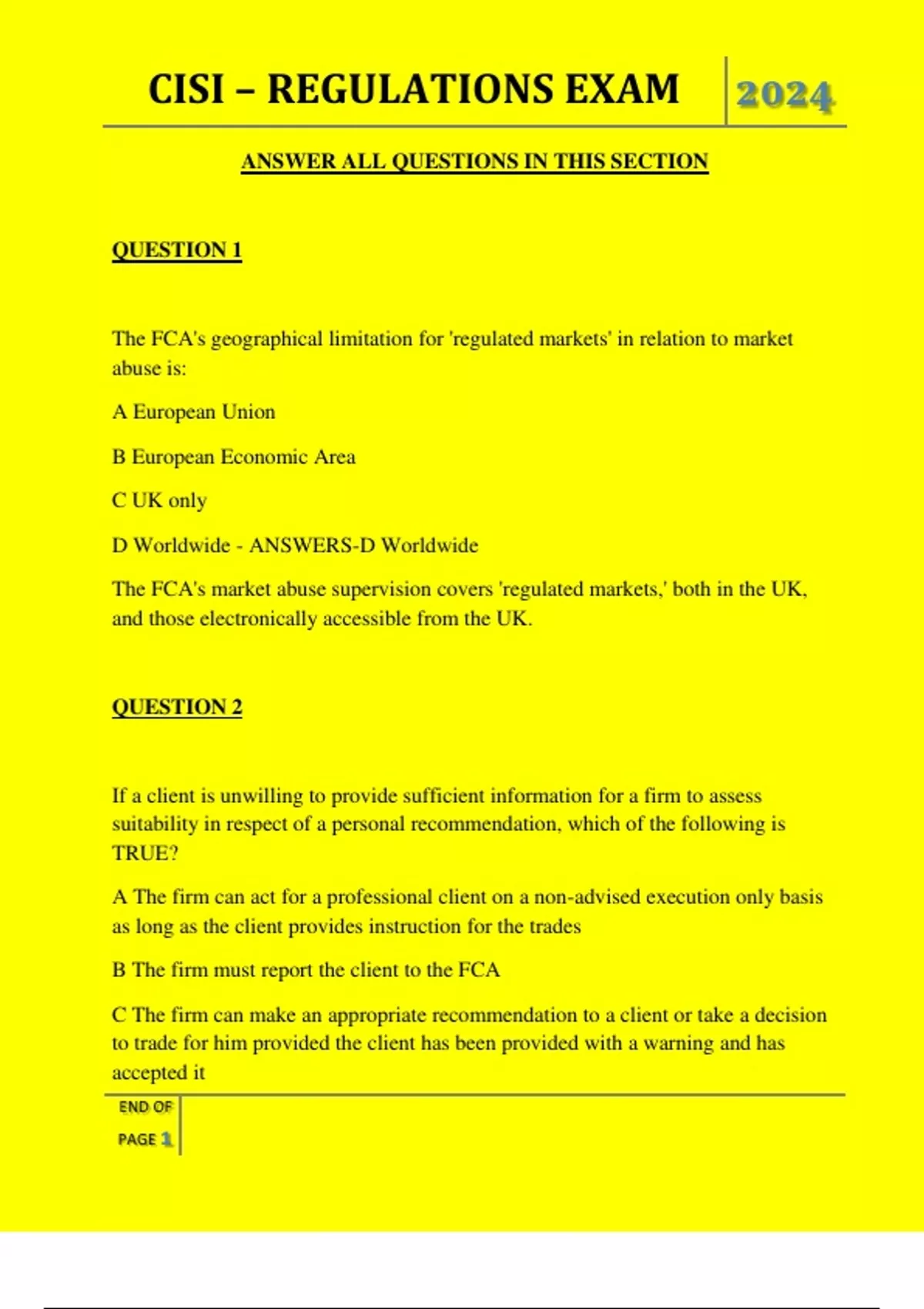 CISI – REGULATIONS EXAM QUESTIONS AND ANSWERS 2024 - CISI – REGULATIONS ...