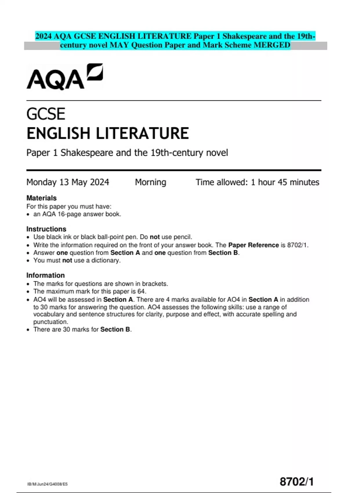 2024 AQA GCSE ENGLISH LITERATURE Paper 1 Shakespeare and the ...