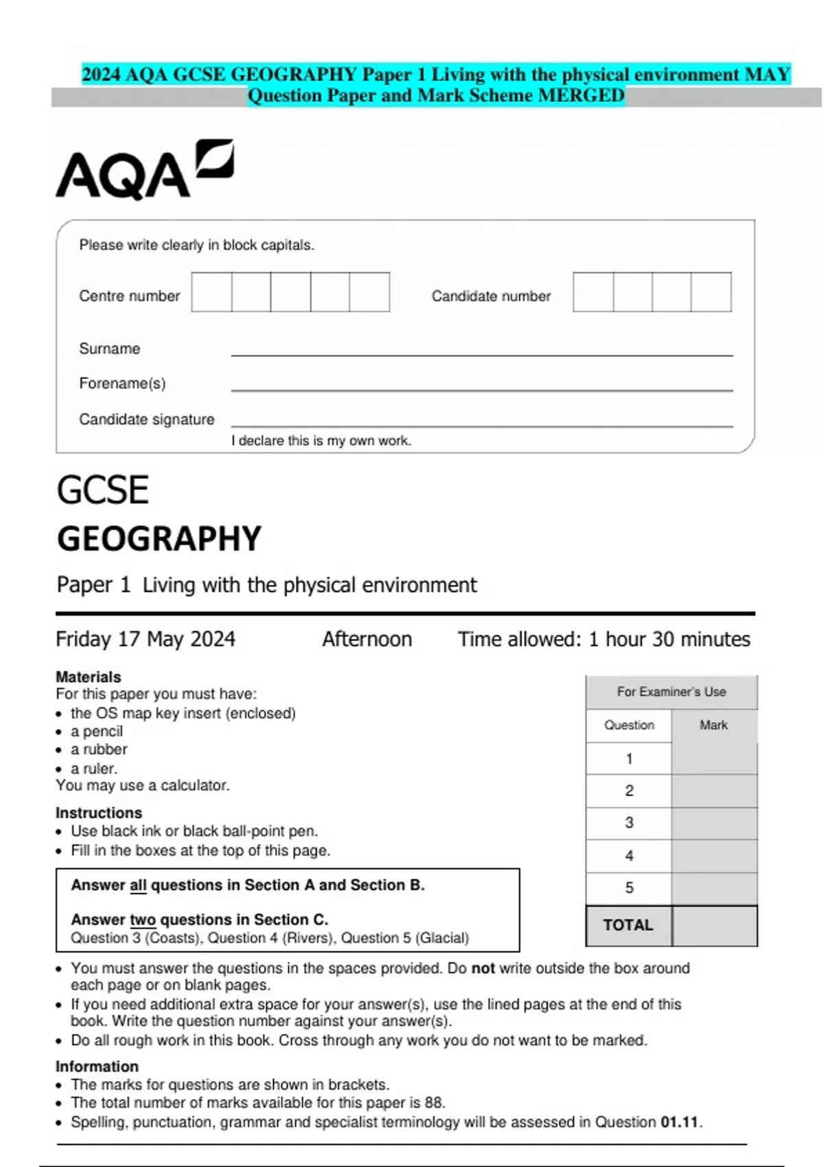 2024 AQA GCSE GEOGRAPHY Paper 1 Living with the physical environment ...