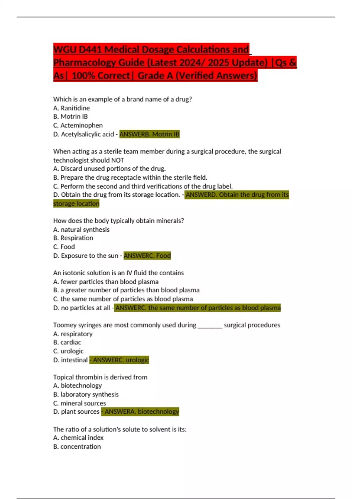 WGU D441 Medical Dosage Calculations and Pharmacology Guide (Latest ...