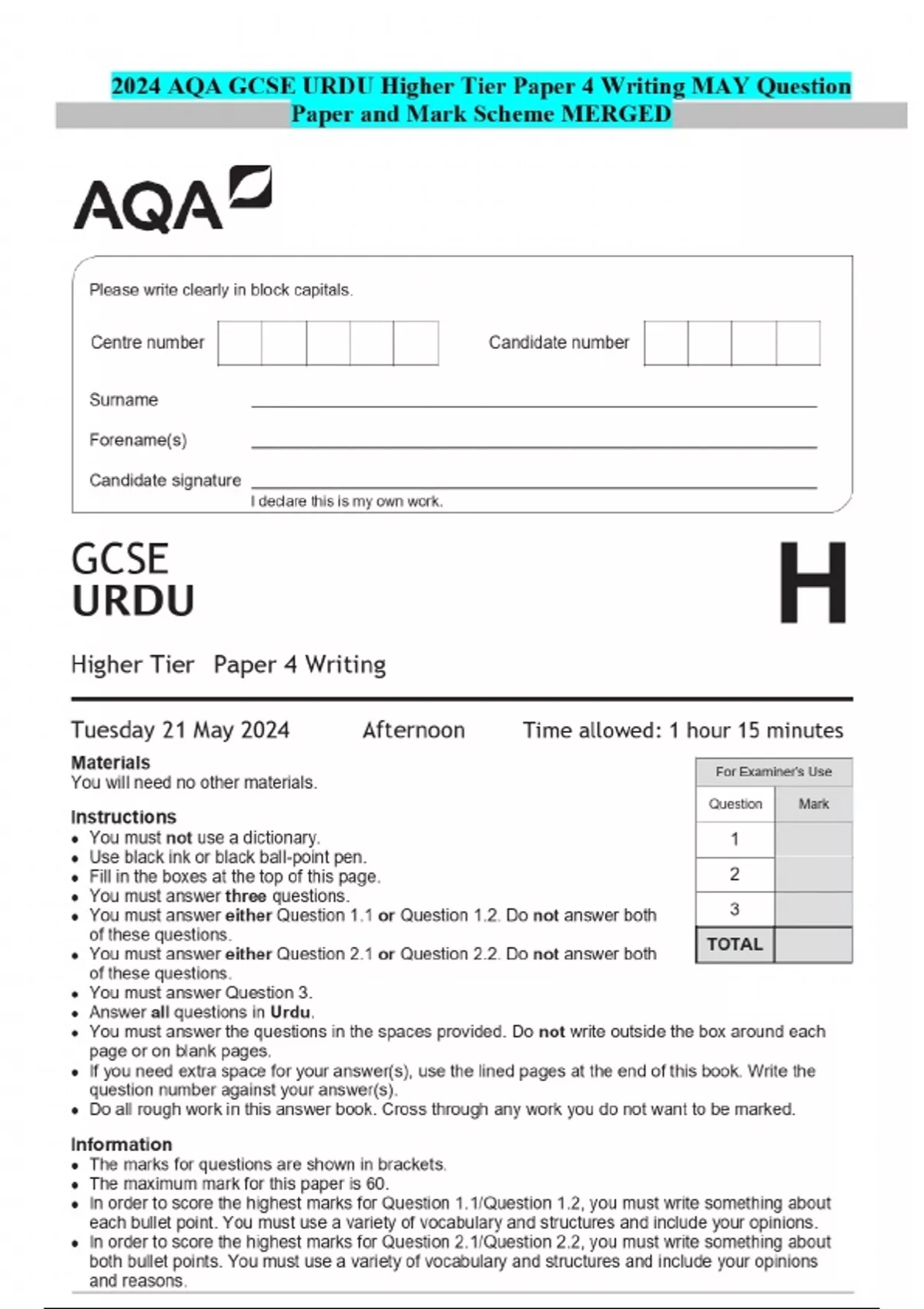2024 AQA GCSE URDU Higher Tier Paper 4 Writing MAY Question Paper and ...