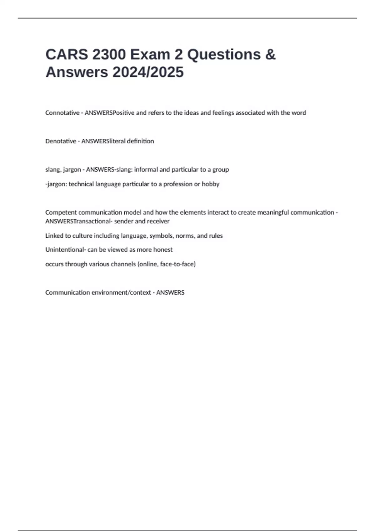 CARS 2300 Exam 2 Questions & Answers 2024/2025 - CARS 2300 - Stuvia US