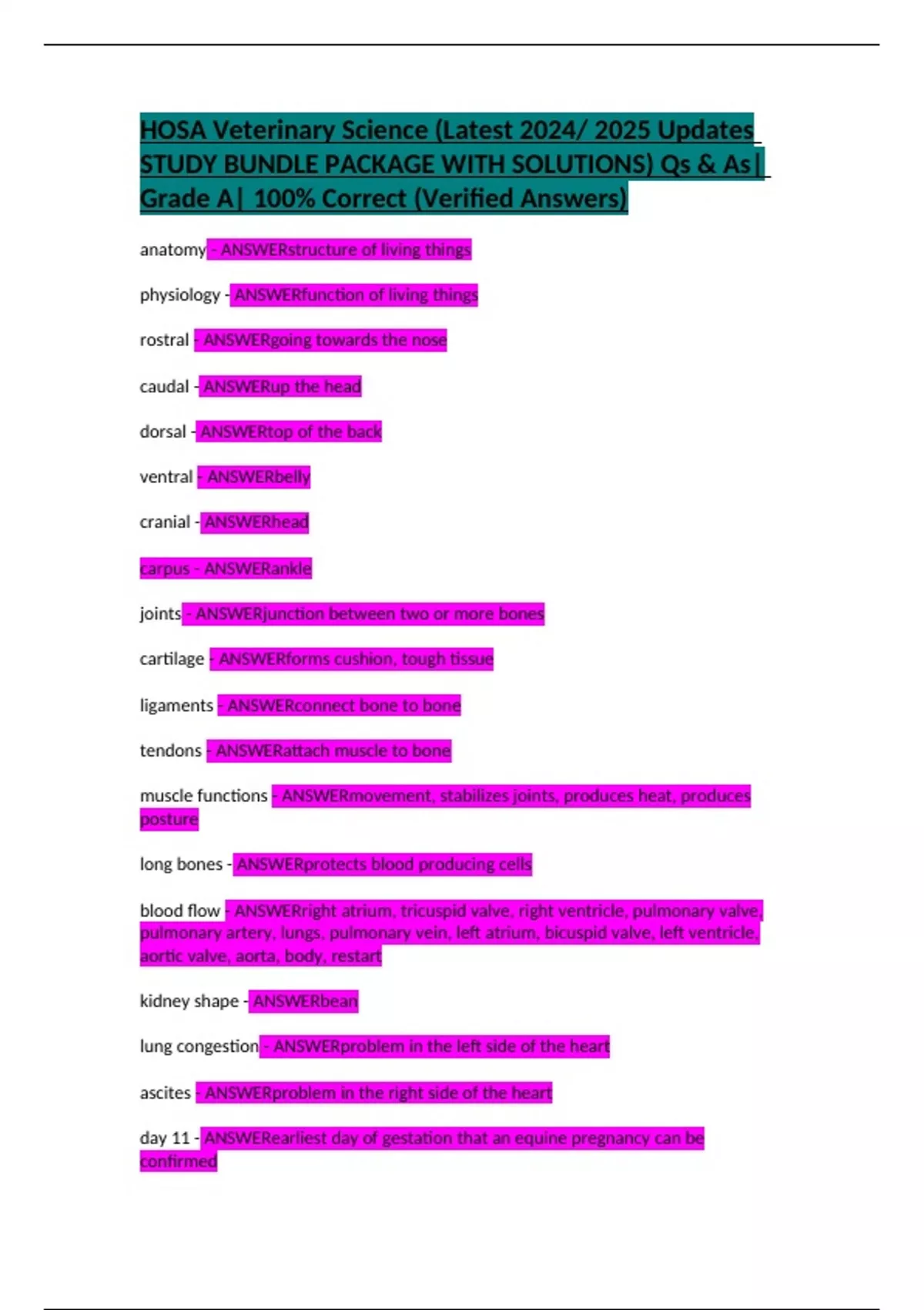 HOSA Veterinary Science (Latest 2024/ 2025 Updates STUDY BUNDLE PACKAGE ...