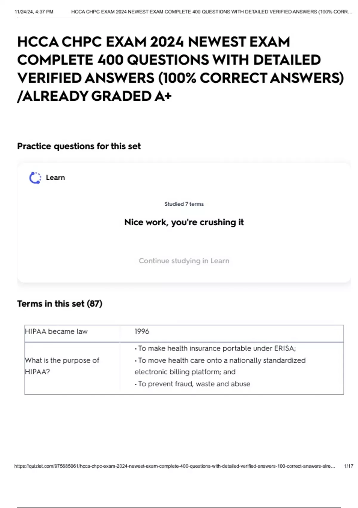 HCCA CHPC EXAM 2024 NEWEST EXAM COMPLETE 400 QUESTIONS WITH DETAILED ...