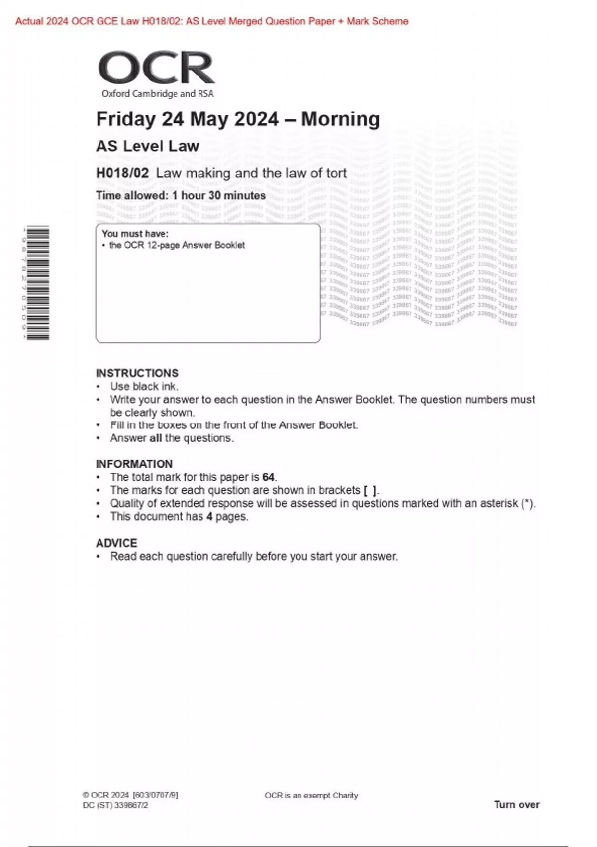 Actual 2024 OCR GCE Law H018/02: Law making and the law of tort AS Level Merged Question Paper ...