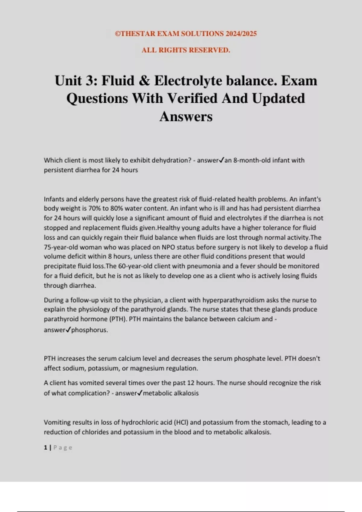 Unit 3: Fluid & Electrolyte balance. Exam Questions With Verified And Updated Answers - Fluid ...
